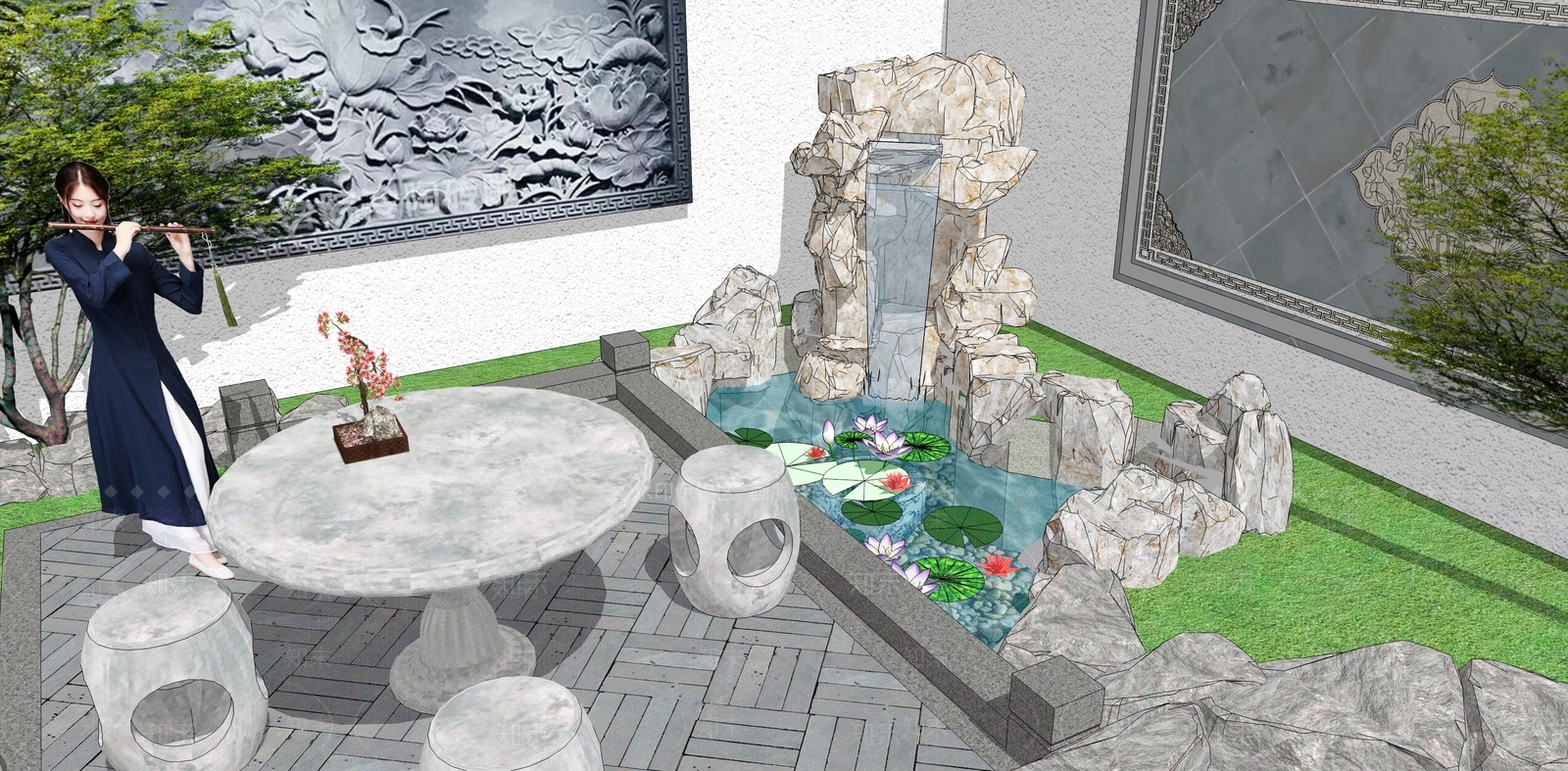 新中式庭院景观SU模型下载【ID:578583955】_知末su模型网