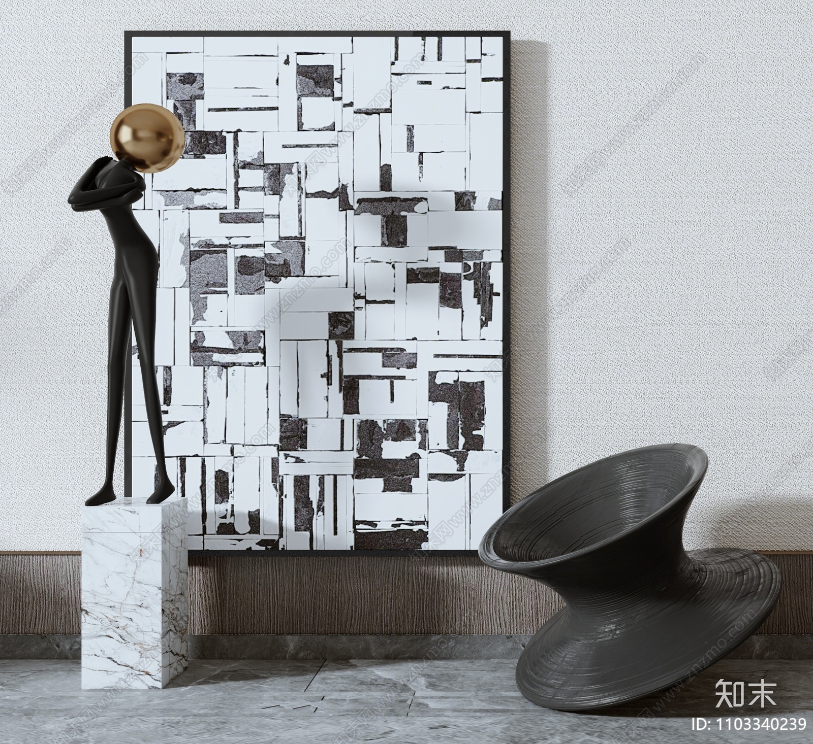 现代黑白灰装饰画3d模型下载【id1103340239】知末3d模型网
