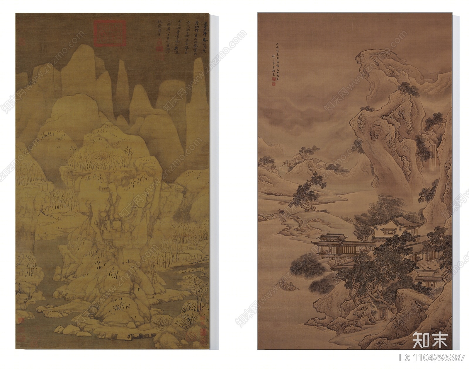 中式传世名画中式传统山峰挂画组合3d模型下载【id1104296387】知末3d模型网