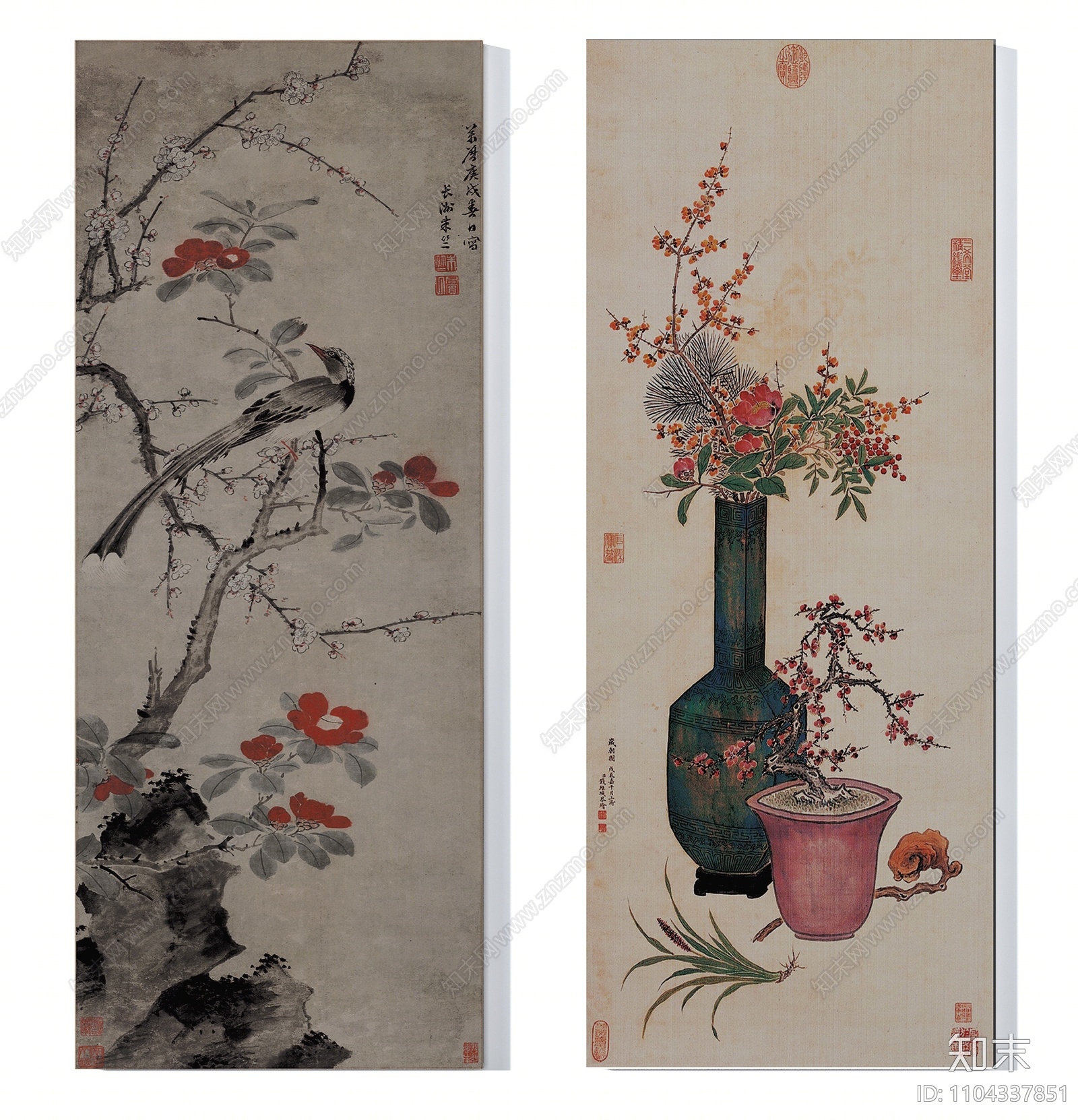 中式传统花鸟装饰画组合3d模型下载【id1104337851】知末3d模型网