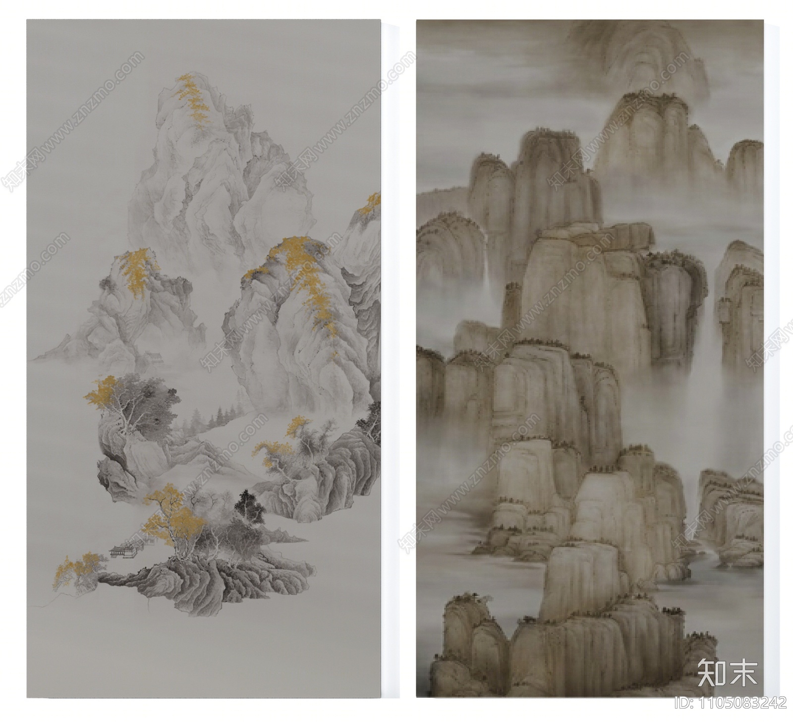 中式传统山石风景挂画组合3d模型下载【id1105083242】知末3d模型网