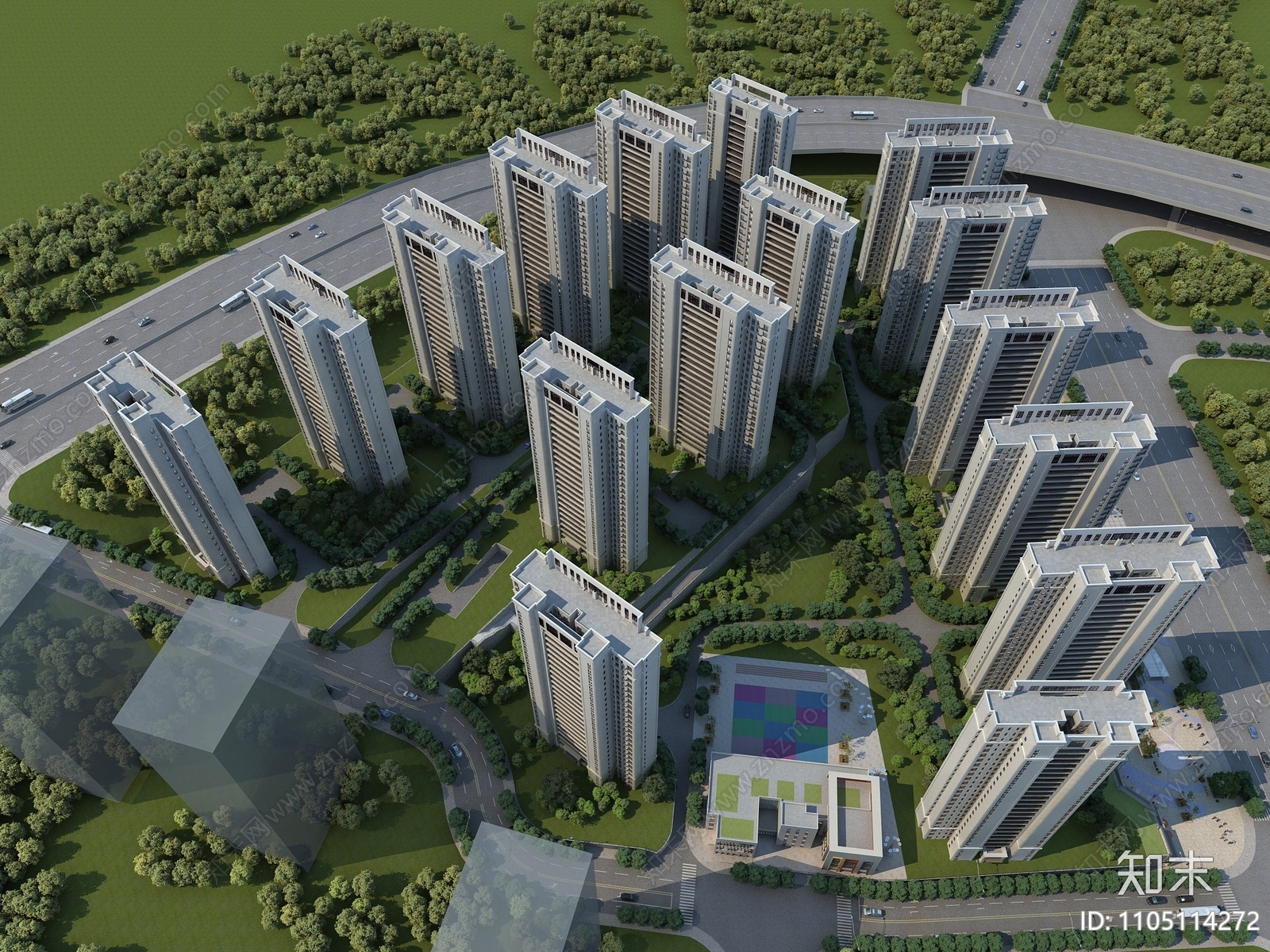 现代高层住宅鸟瞰规划3d模型下载【id1105114272】知末3d模型网