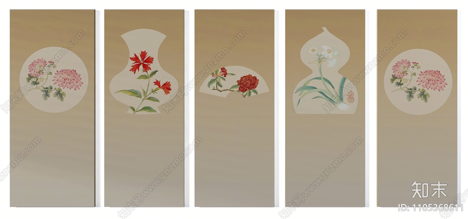 中式传统花朵挂画组合3d模型下载【id1105368611】知末3d模型网