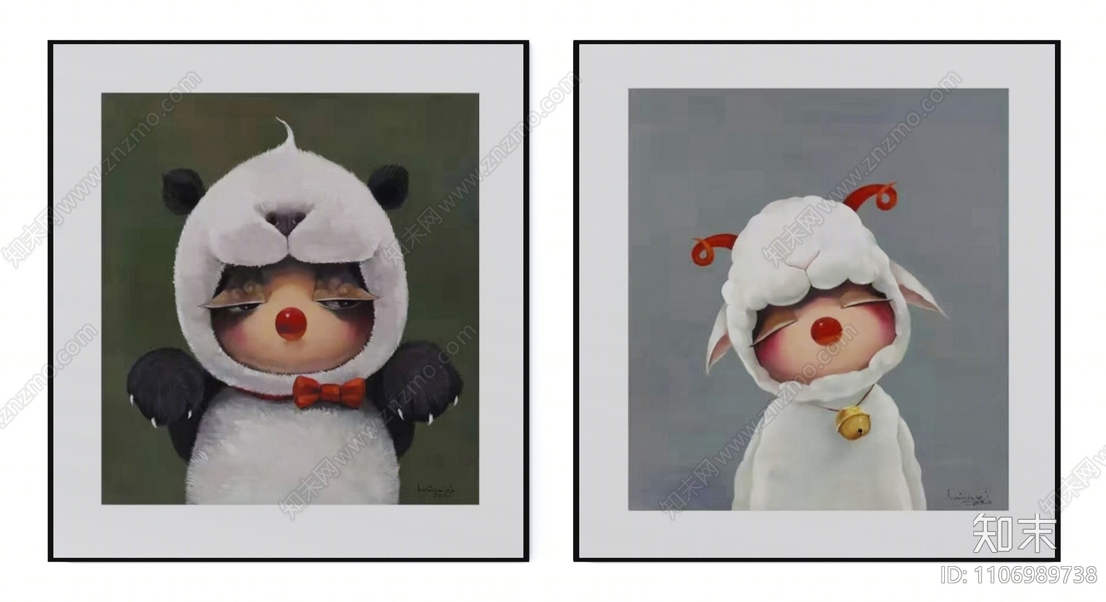现代黑白灰卡通图案挂画组合3d模型下载【id1106989738】知末3d模型网