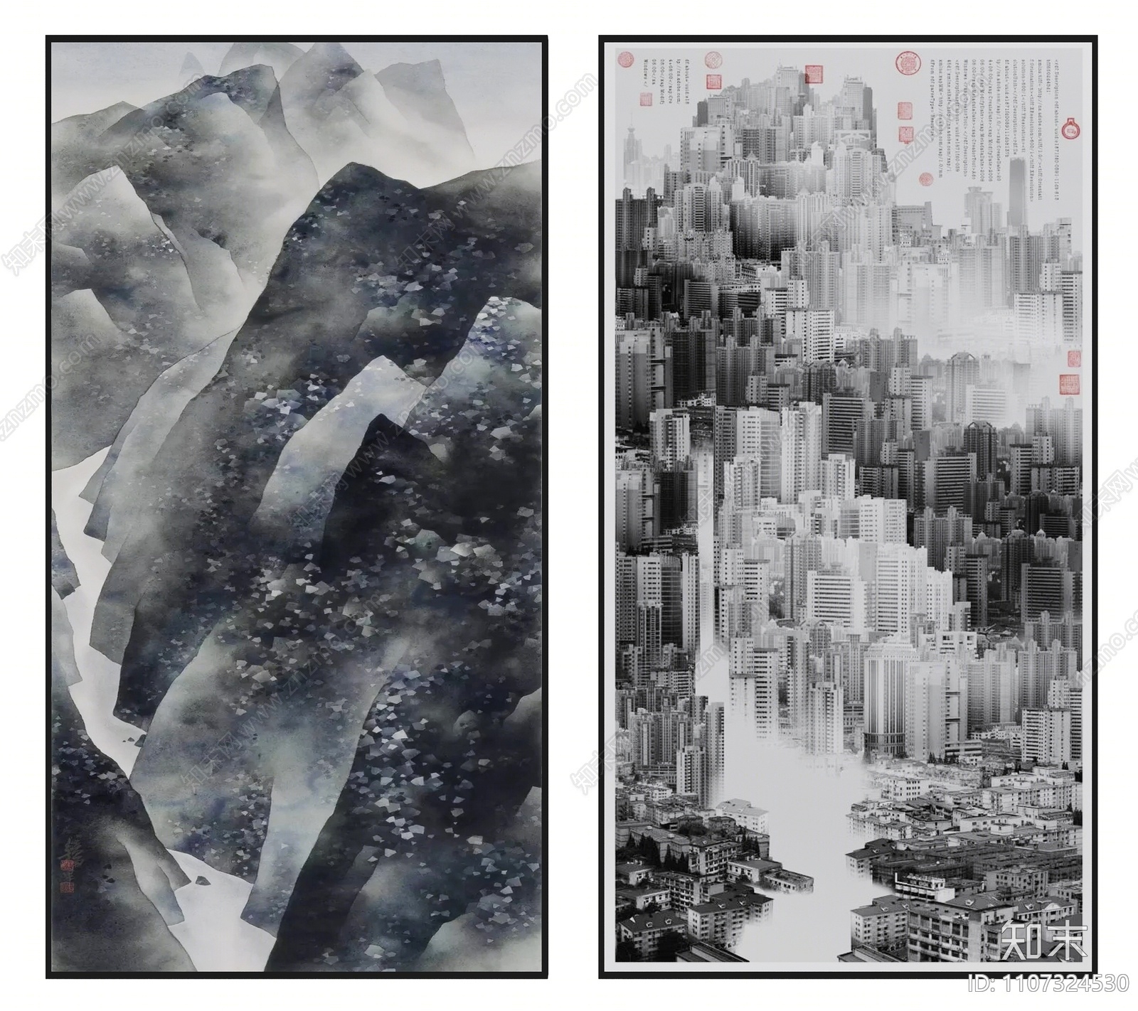 现代高级灰抽象山石建筑图案挂画组合3d模型下载【id1107324530】知末3d模型网