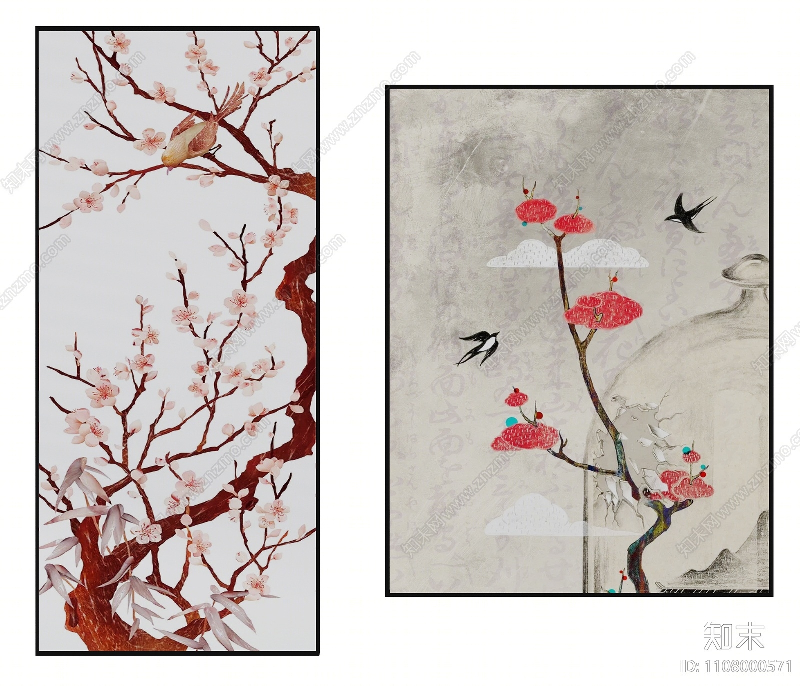 新中式红色花鸟图案挂画组合3d模型下载【id1108000571】知末3d模型网