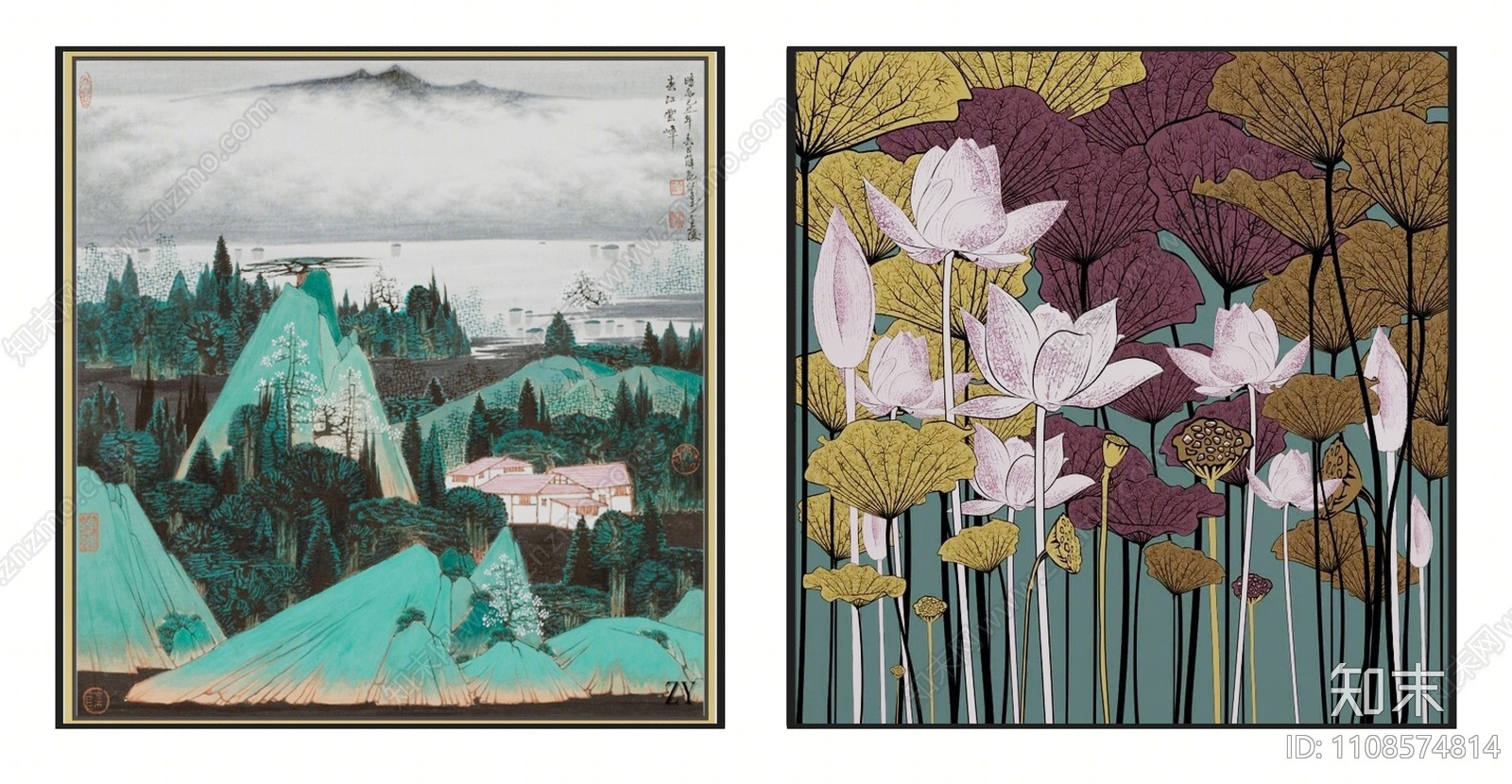 新中式红绿灰色荷花山水风景挂画组合3d模型下载【id1108574814】知末3d模型网