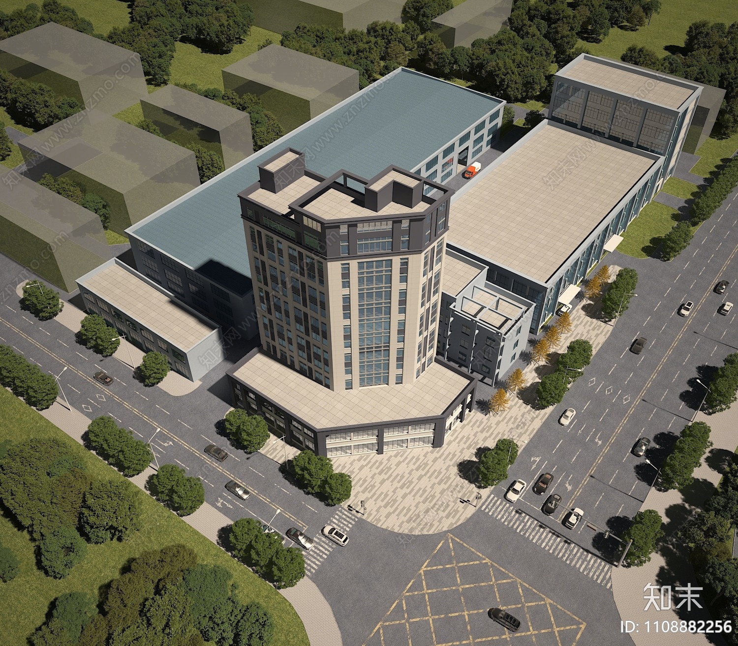 现代办公楼鸟瞰规划3d模型下载【id1108882256】知末3d模型网