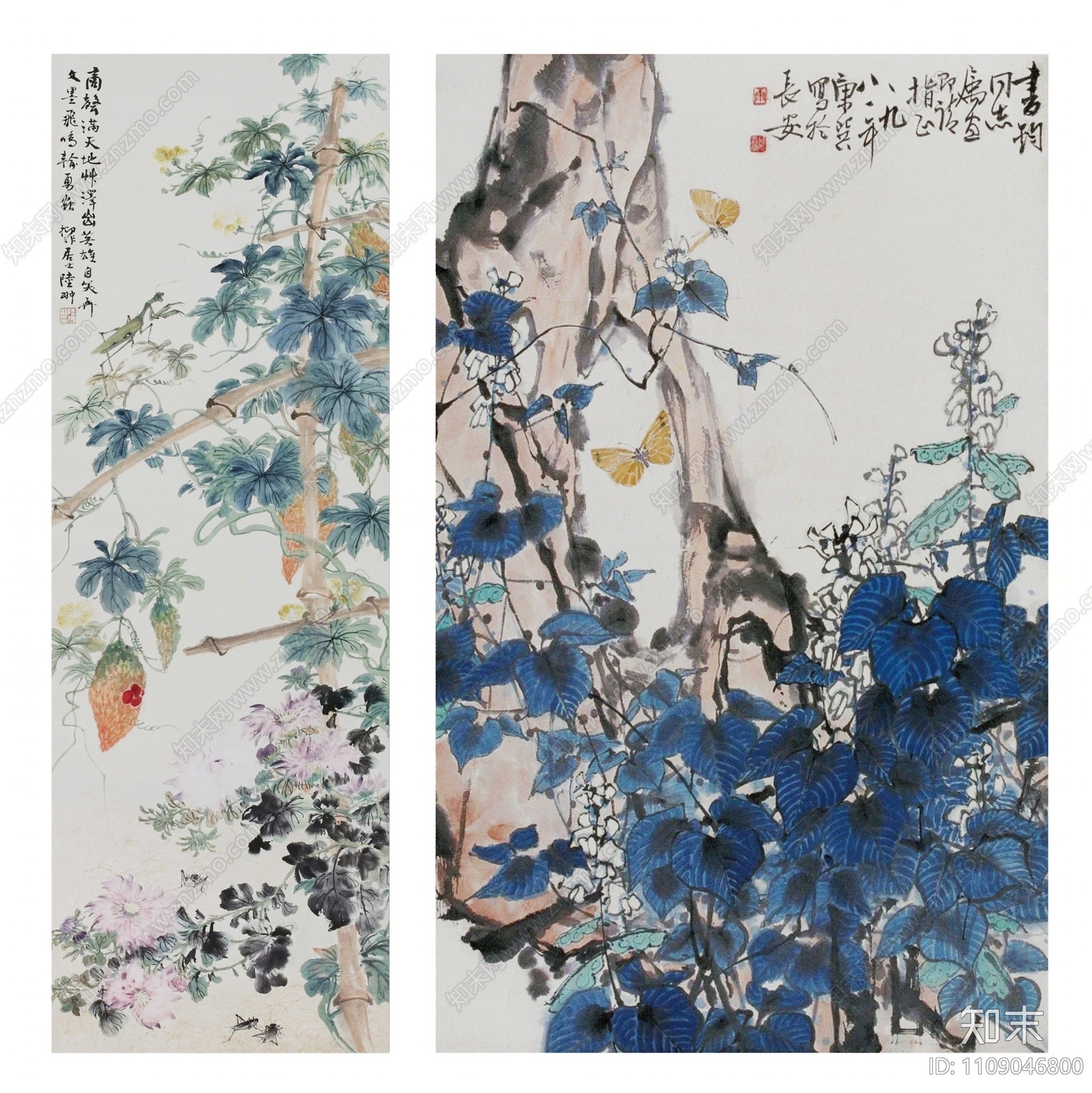 中式蓝色雅致花卉植物图案挂画组合3d模型下载【id1109046800】知末3d模型网