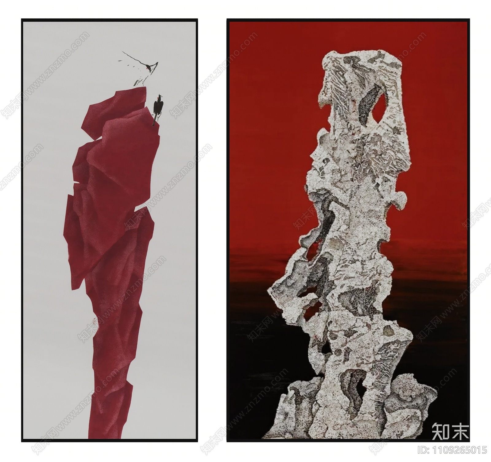 新中式红色太湖石图案挂画组合3d模型下载【id1109265015】知末3d模型网
