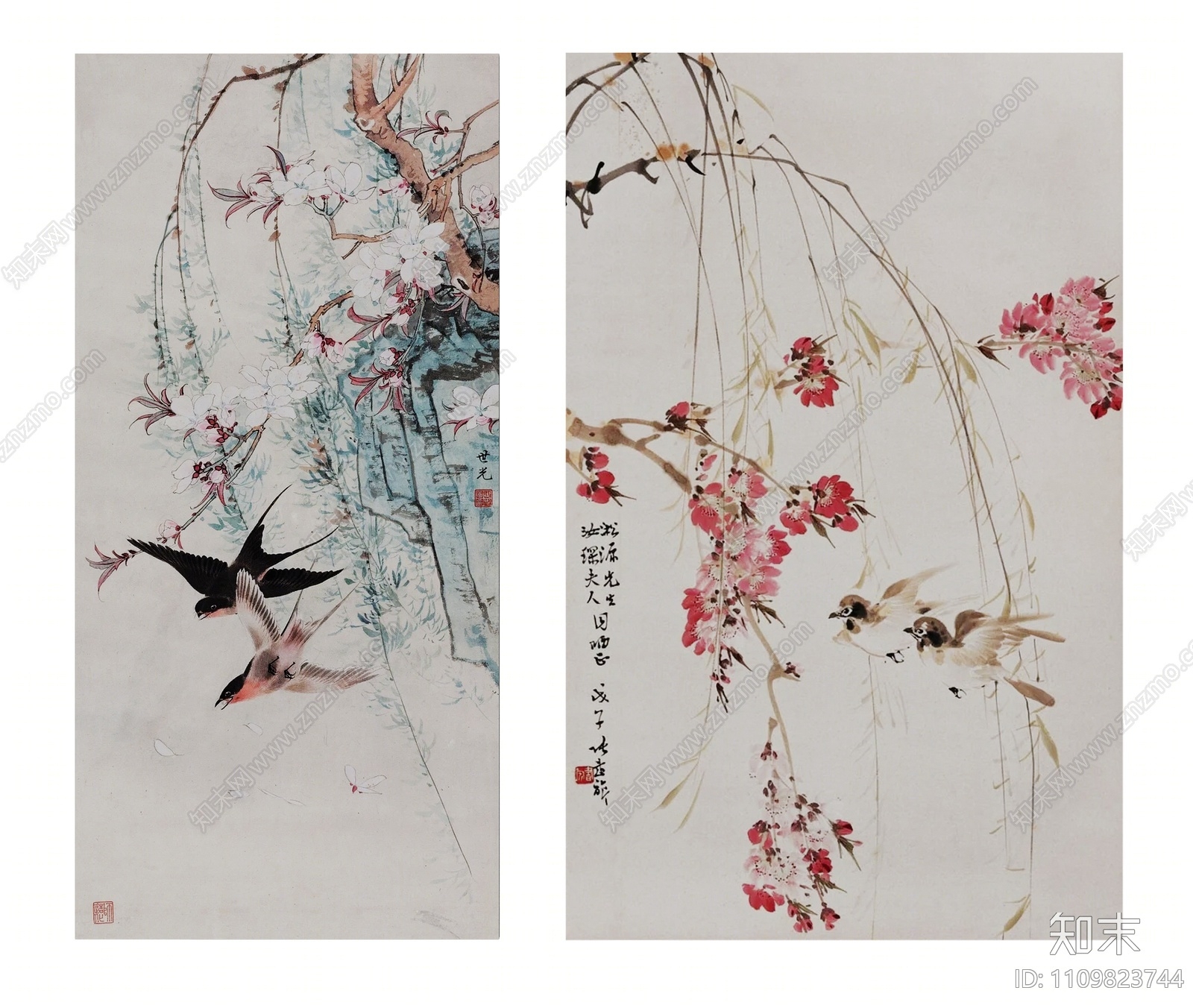 中式雅致花鸟燕子图案挂画组合3d模型下载【id1109823744】知末3d模型网