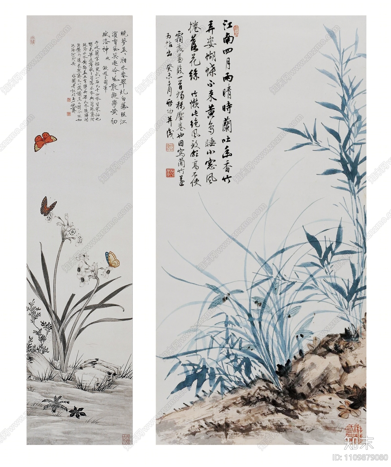新中式清新雅致兰花蝴蝶图案挂画组合3d模型下载【id1109879080】知末3d模型网