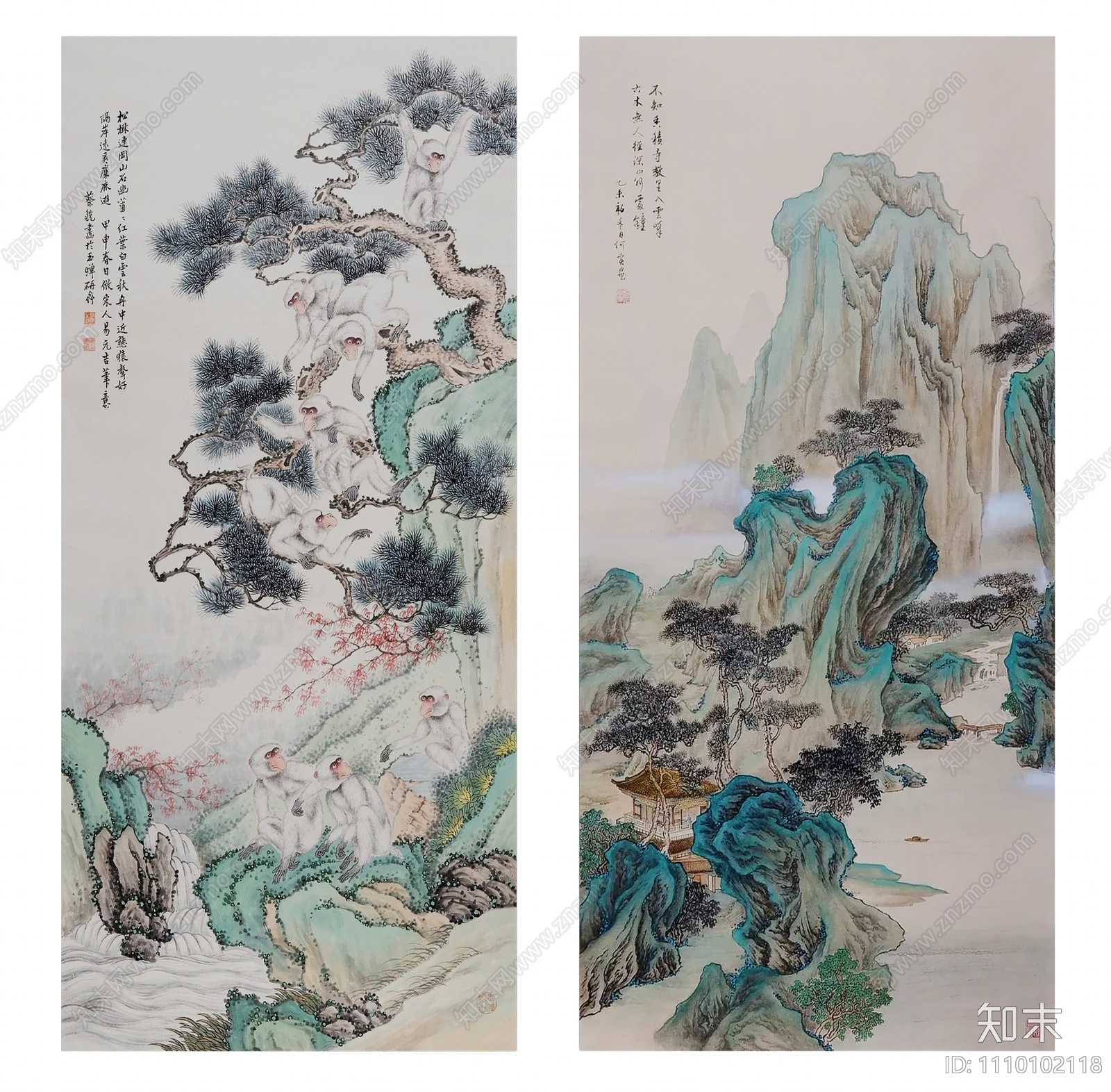 中式绿色传统经典山石风景猴子挂画组合3d模型下载【id1110102118】知末3d模型网
