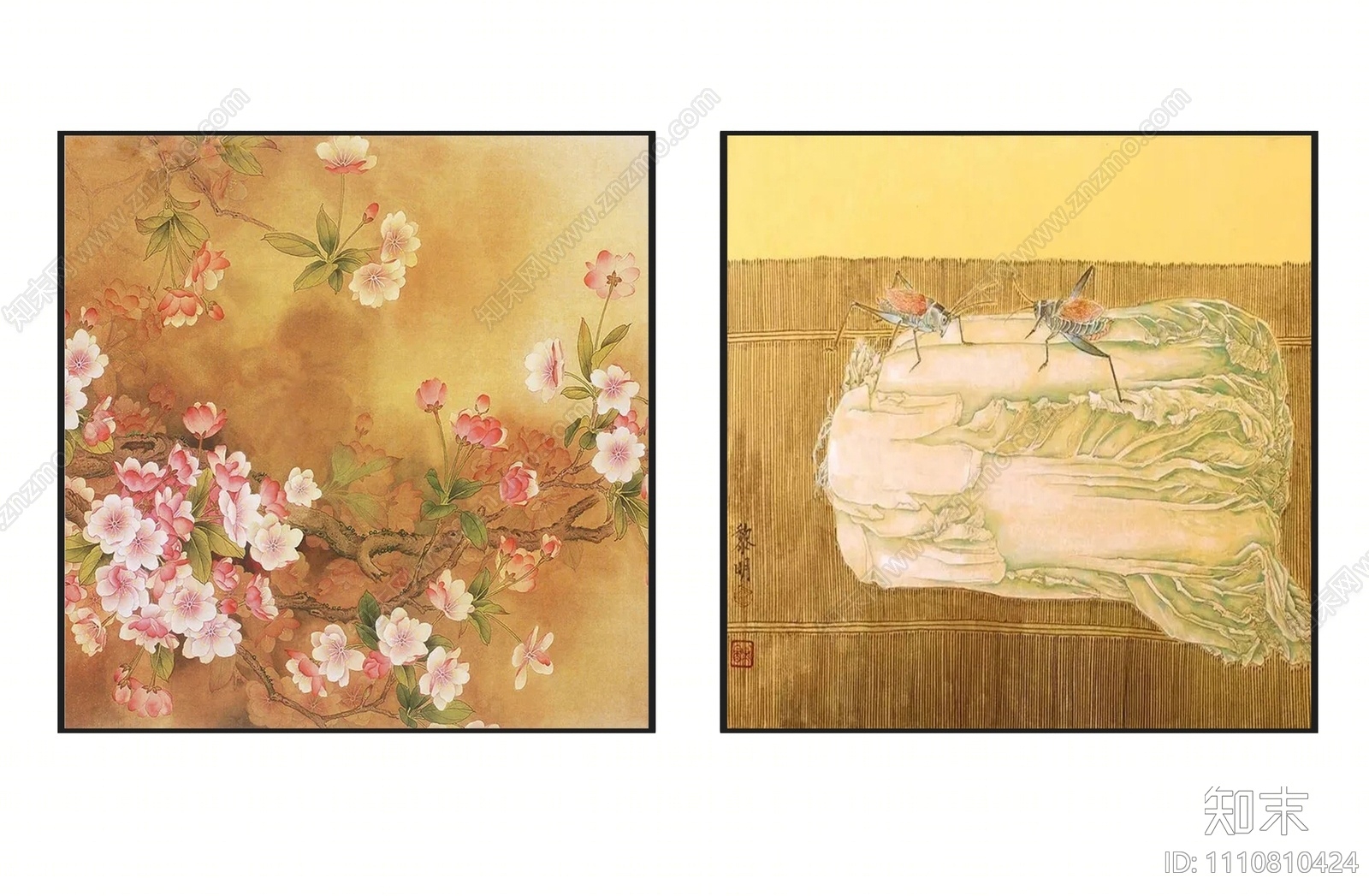 中式暖黄色调吉祥花卉蔬菜挂画组合3d模型下载【id1110810424】知末3d模型网