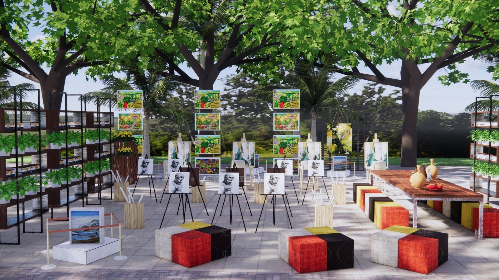 现代美术写生公园景观SU模型下载【ID:1110814687】_知末su模型网