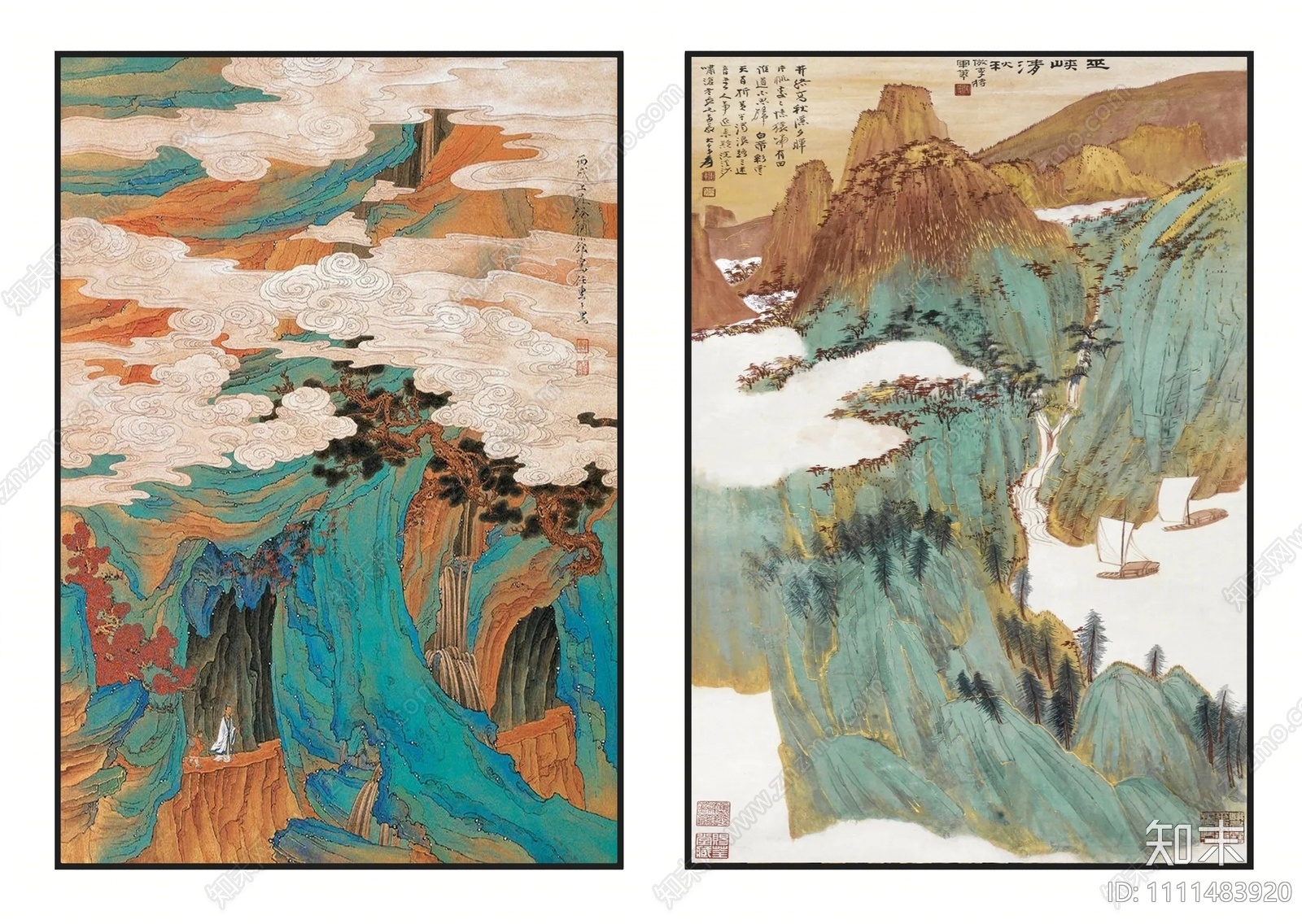 中式经典精致金咖蓝绿色山石风景挂画组合3d模型下载【id1111483920】知末3d模型网