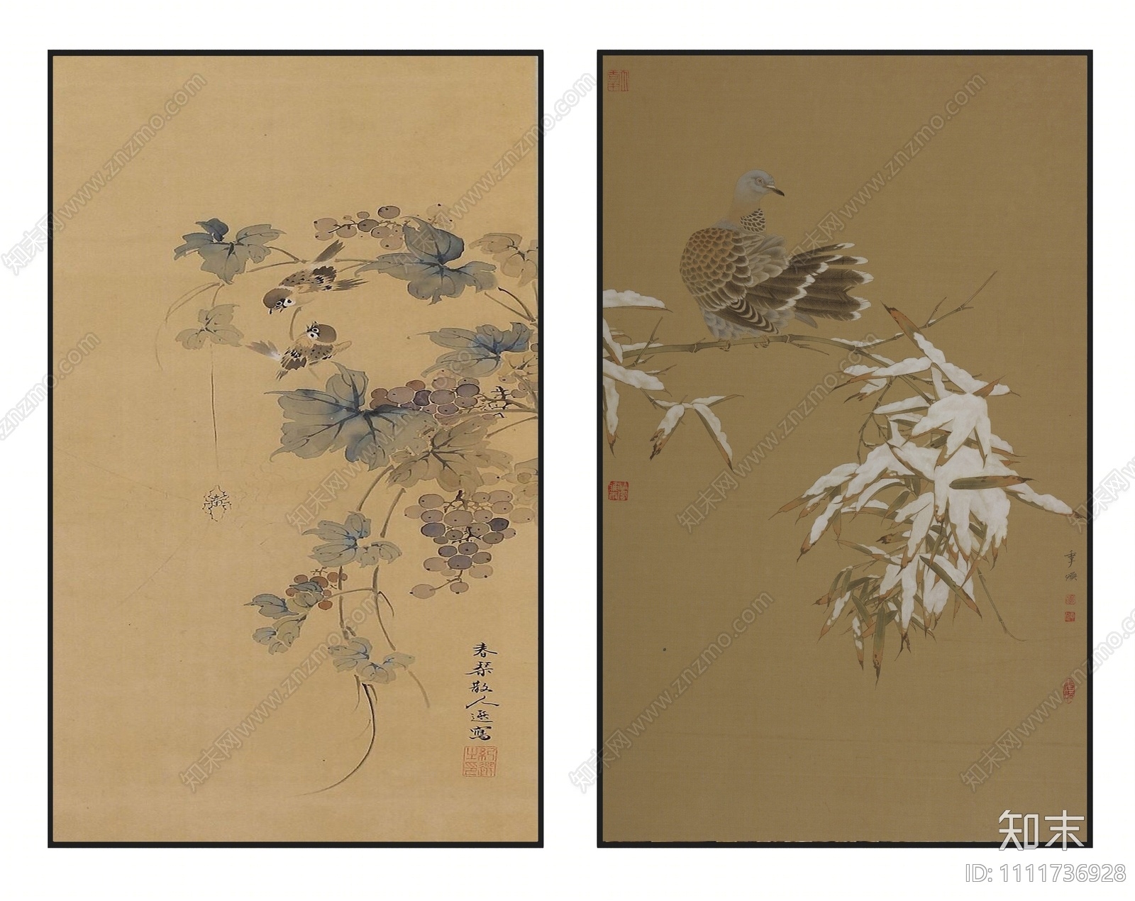 中式雅致禅意植物花鸟图案挂画组合3d模型下载【id1111736928】知末3d模型网