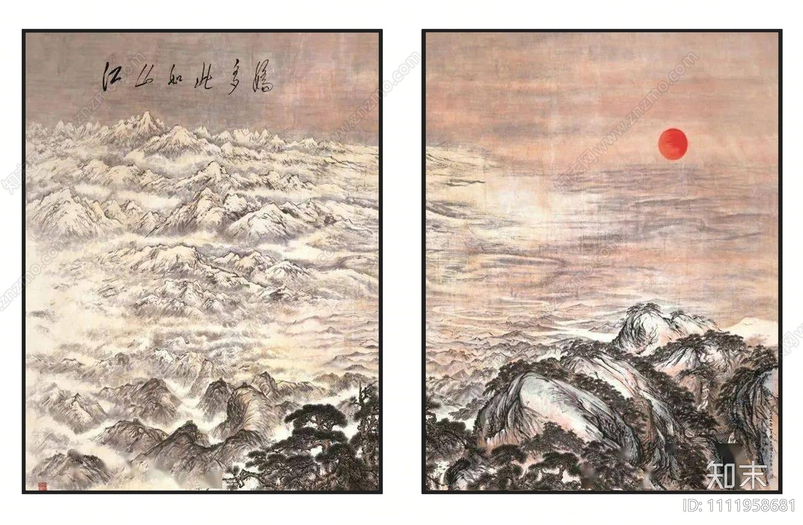 中式磅礴大气山峰风景图案挂画组合3d模型下载【id1111958681】知末3d模型网