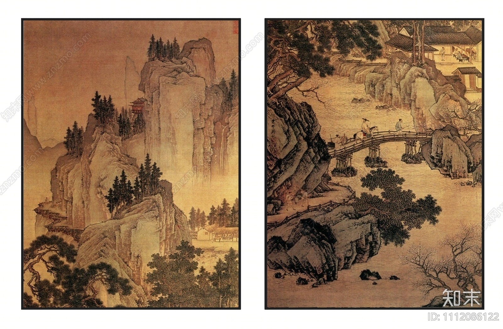中式传统经典大气山峰山水风景挂画组合3d模型下载【id1112086122】知末3d模型网