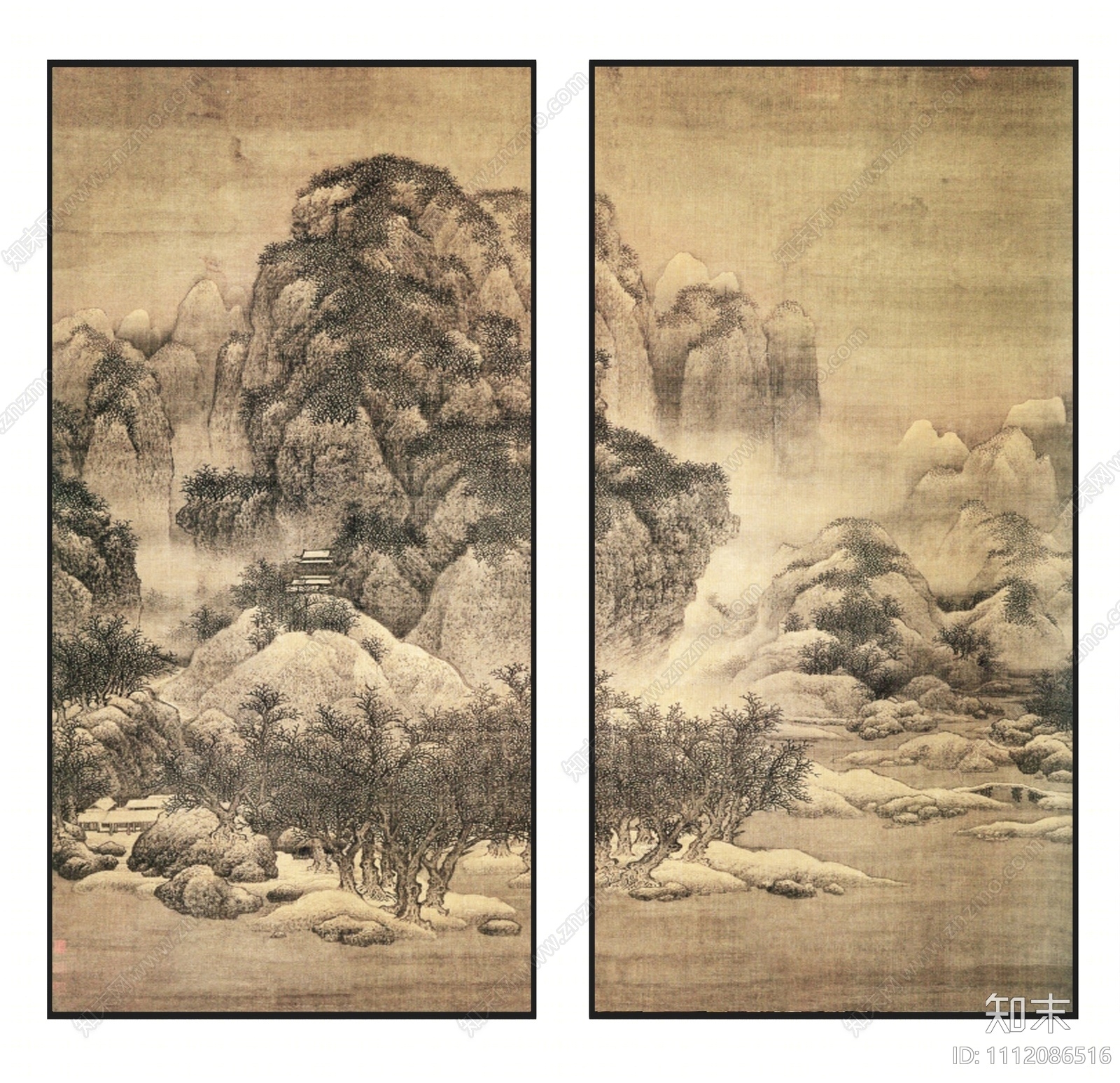 中式传统经典大气山峰山水风景挂画组合3d模型下载【id1112086516】知末3d模型网