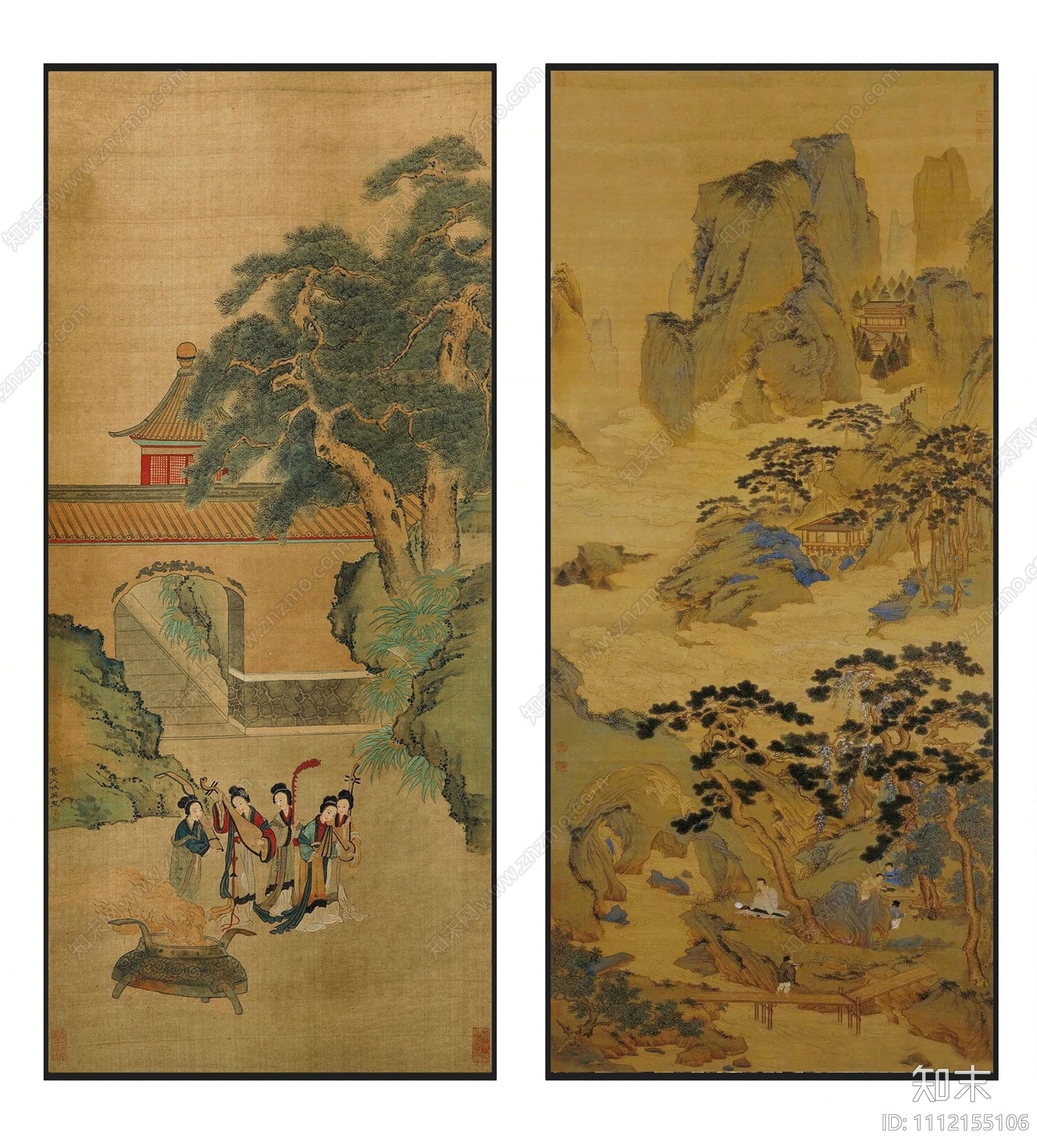 中式传统经典人物山峰风景挂画组合3d模型下载【id1112155106】知末3d模型网