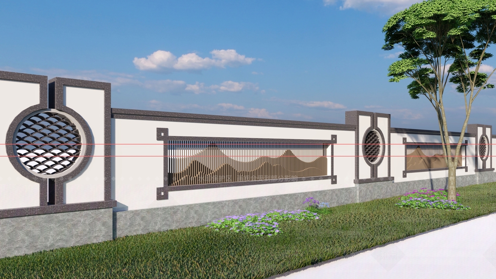 中式景墙围墙SU模型下载【ID:1112367909】_知末su模型网