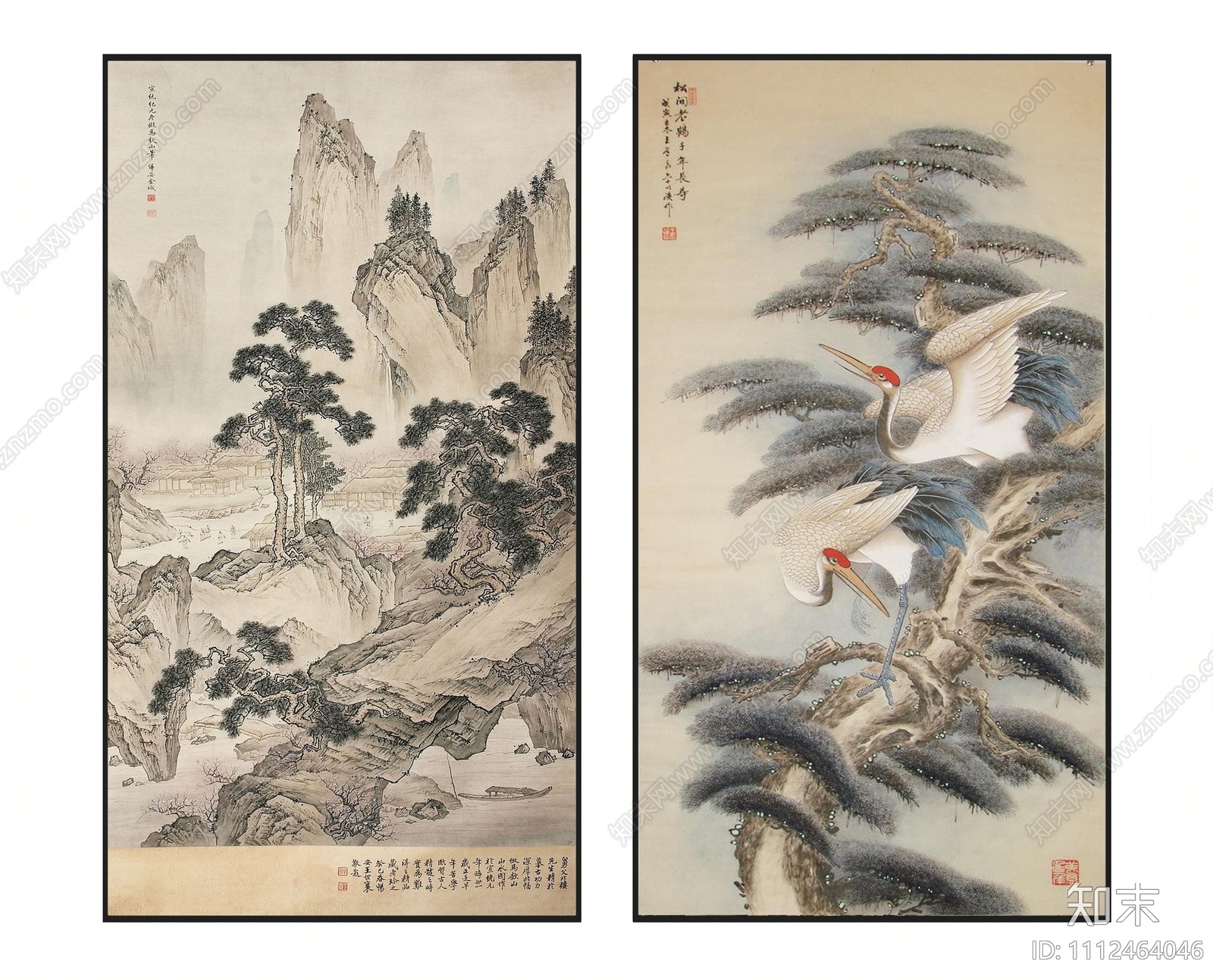 中式传统禅意山峰风景松树仙鹤挂画组合3d模型下载【id1112464046】知末3d模型网