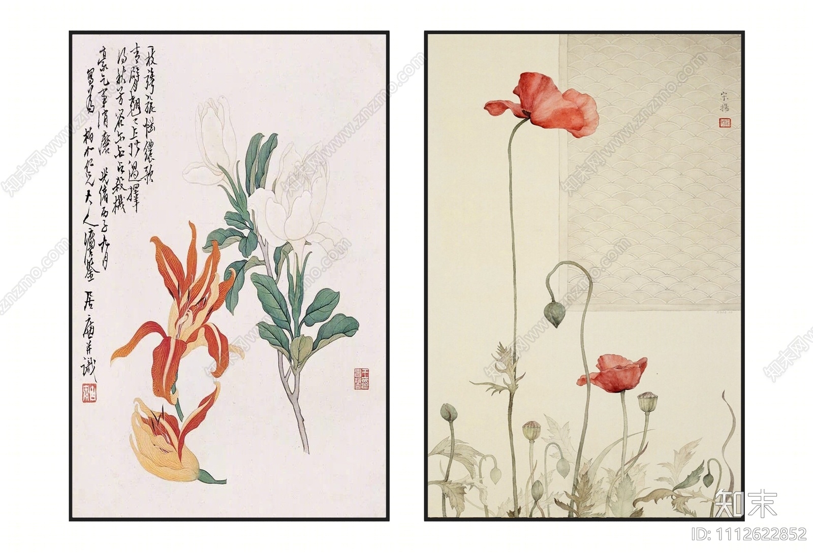 新中式清新雅致禅意花卉图案挂画组合3d模型下载【id1112622852】知末3d模型网