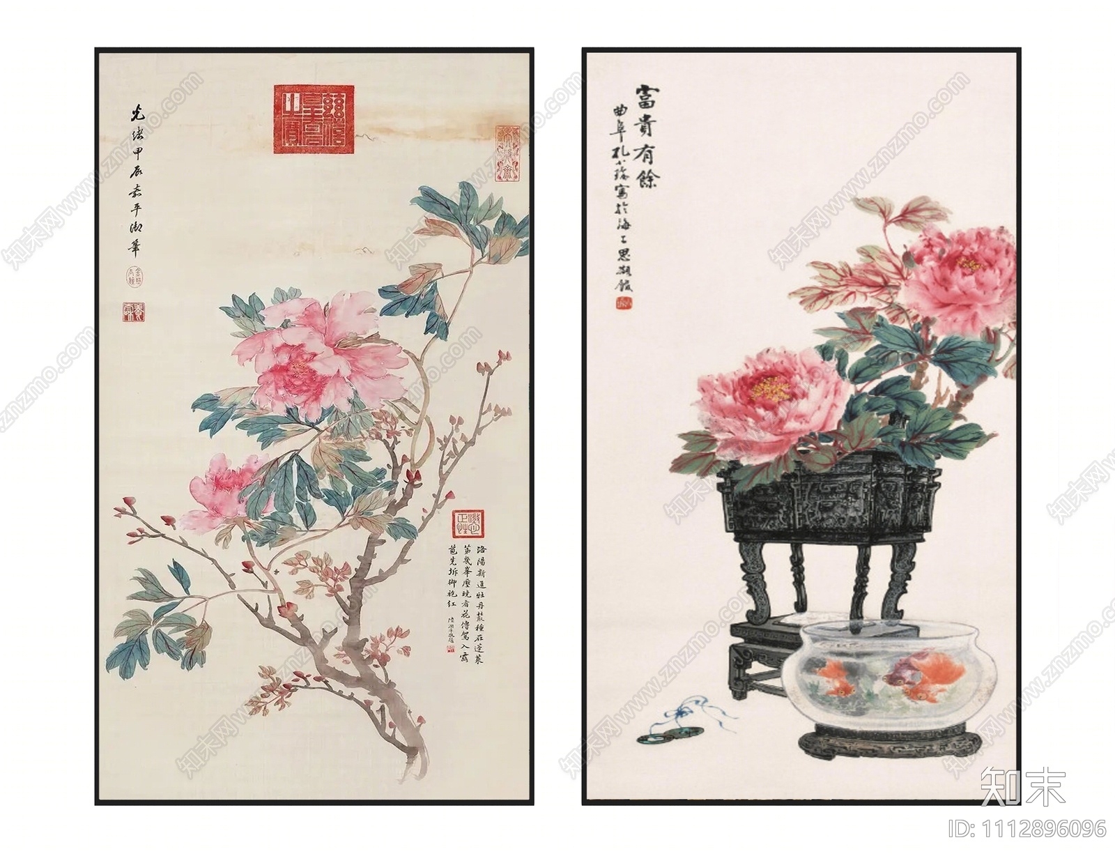 新中式清新雅致牡丹花卉图案挂画组合3d模型下载【id1112896096】知末3d模型网