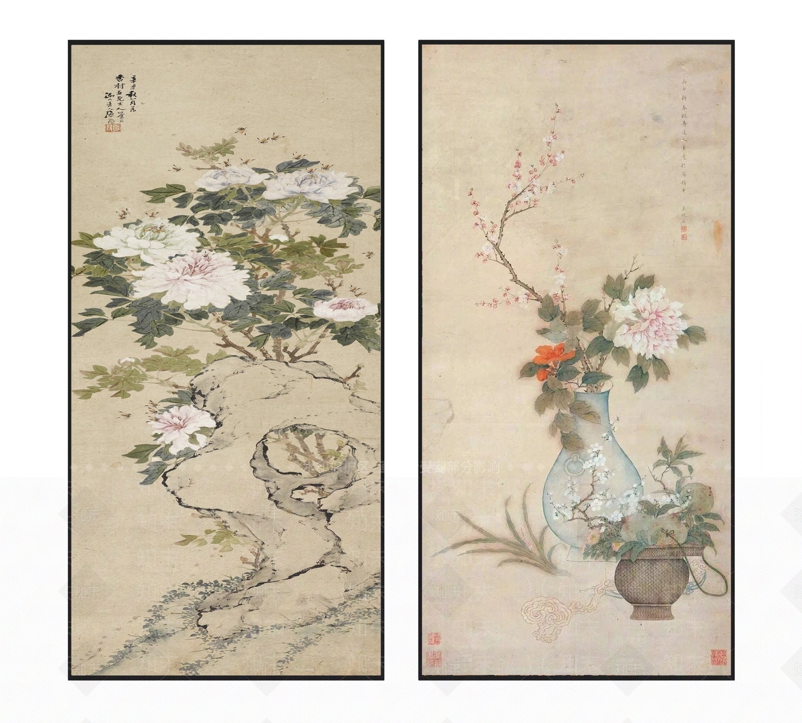 新中式清新雅致牡丹花瓶图案挂画组合3D模型下载【ID:1112896146】_知末3d模型网