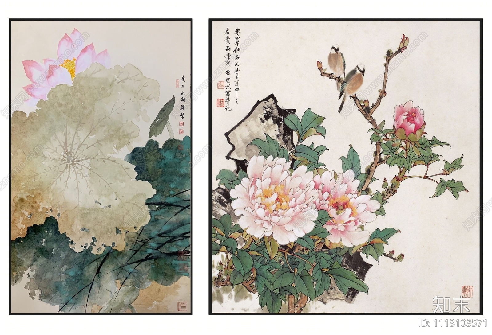 中式雅致意境荷花牡丹花鸟图案挂画组合3d模型下载【id1113103571】知末3d模型网