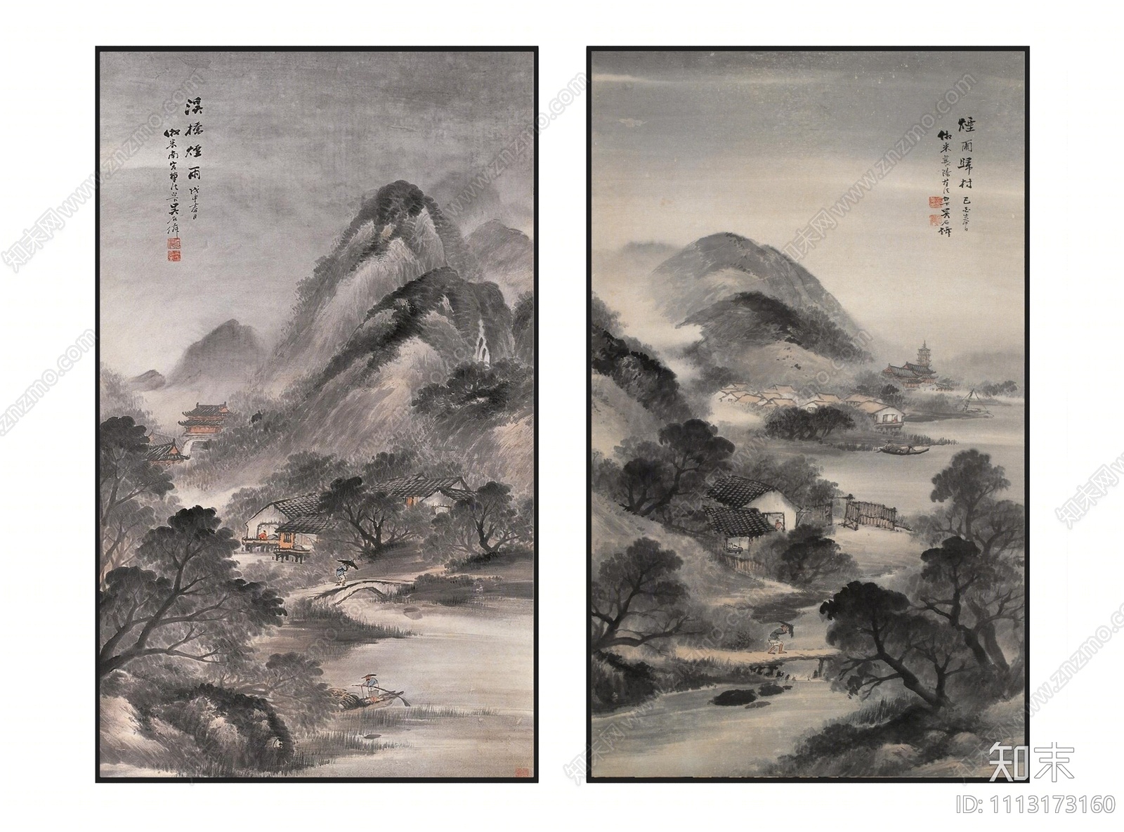 中式高级灰禅意山水风景人家挂画组合3d模型下载【id1113173160】知末3d模型网