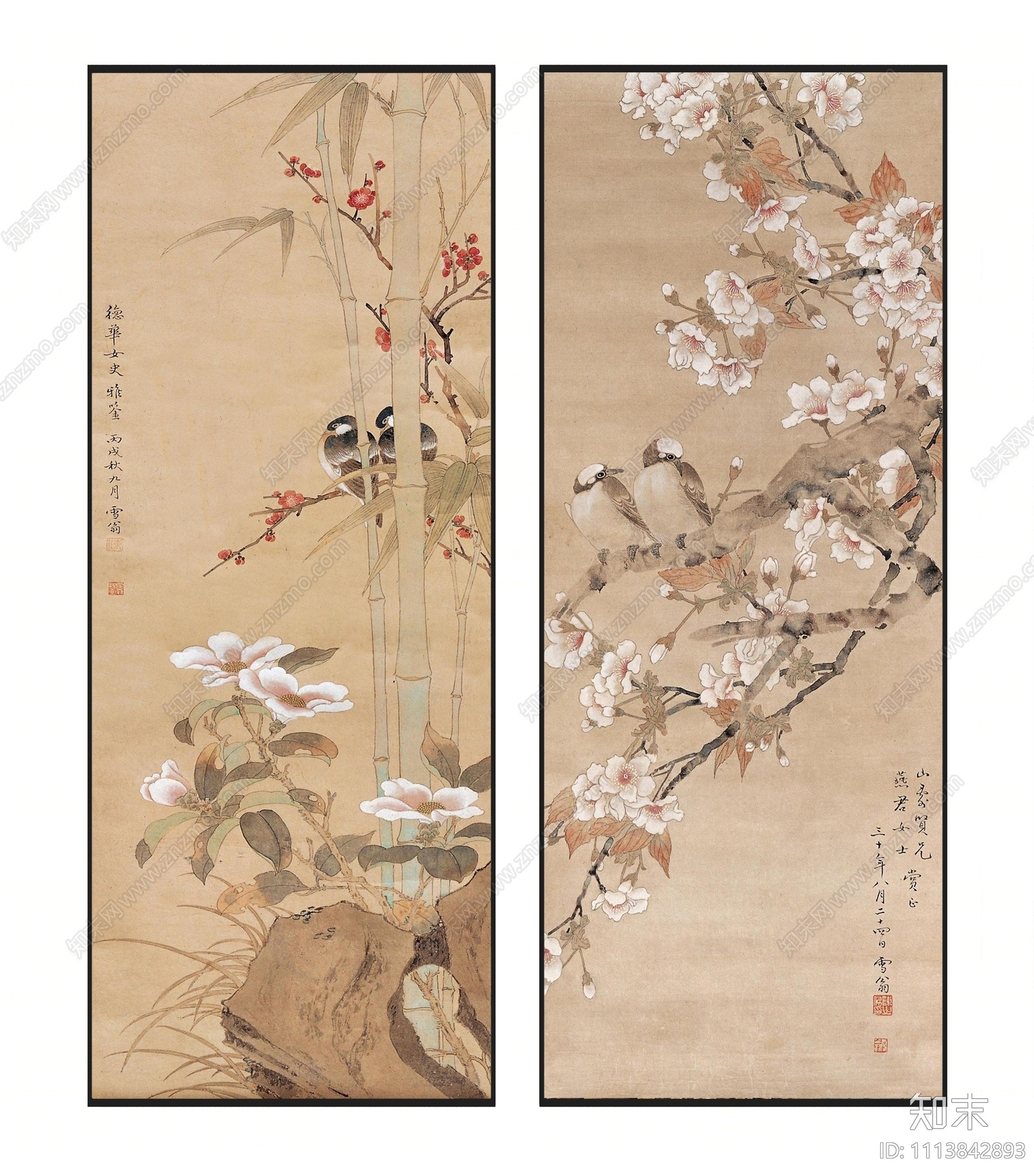 新中式雅致禅意花鸟图案挂画组合3d模型下载【id1113842893】知末3d模型网