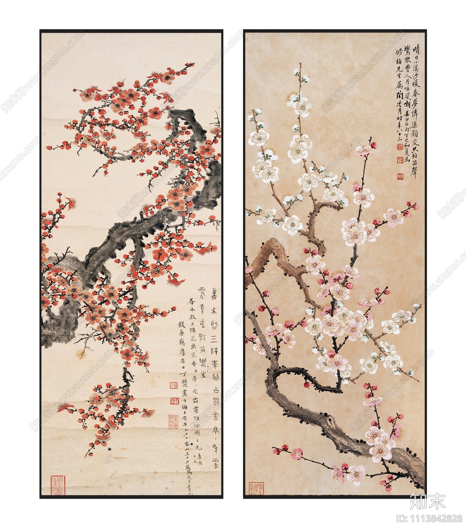 新中式雅致禅意梅花图案挂画组合3d模型下载【id1113842828】知末3d模型网