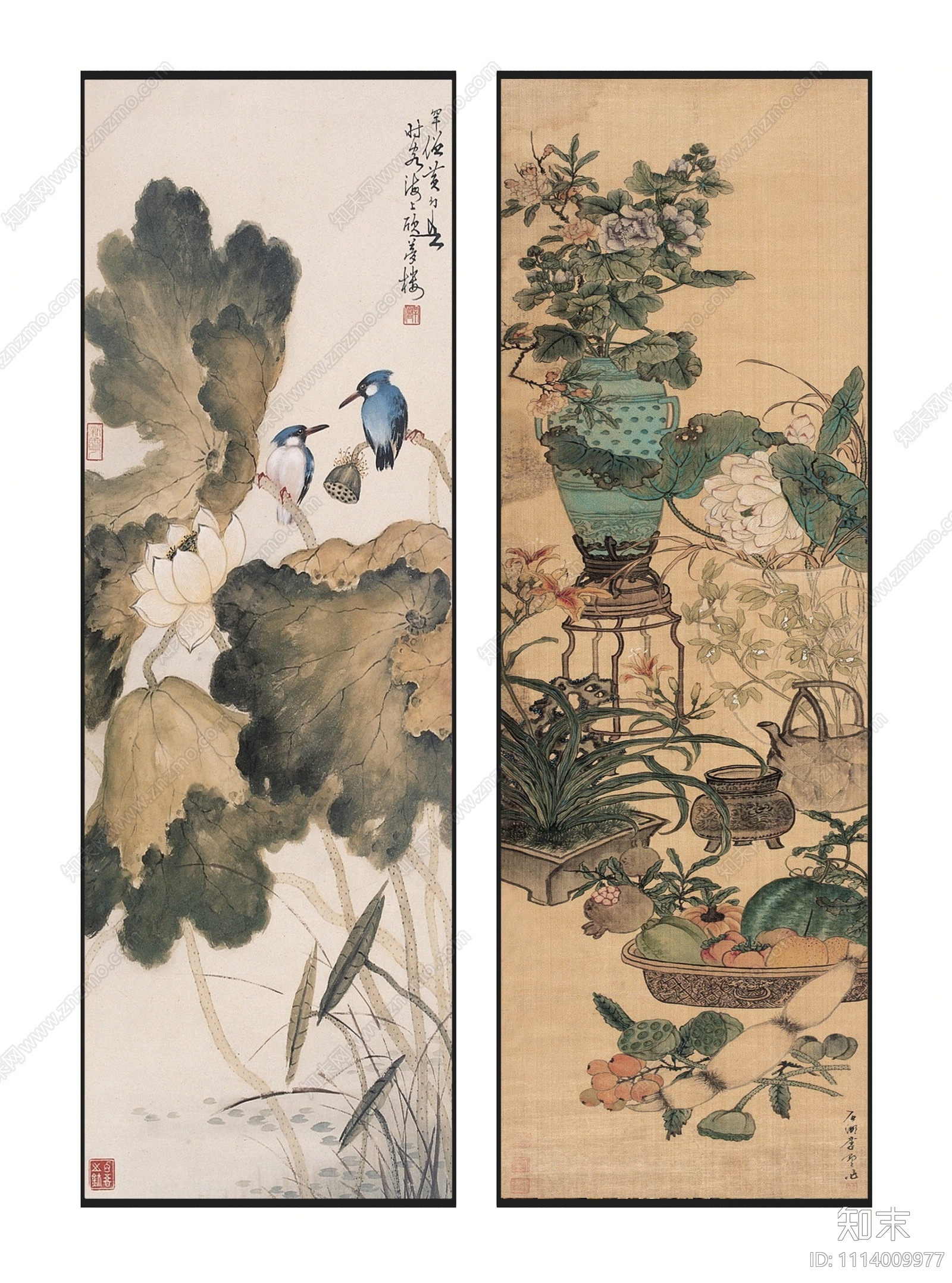 中式雅致禅意花鸟花架图案挂画组合3d模型下载【id1114009977】知末3d模型网