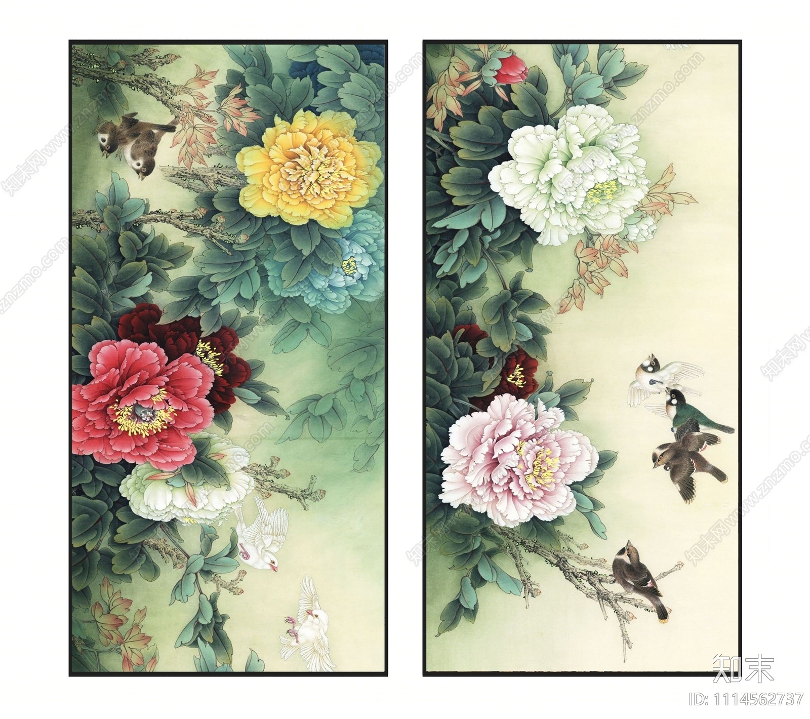 中式传统经典牡丹花鸟图案挂画组合3d模型下载【id1114562737】知末3d模型网