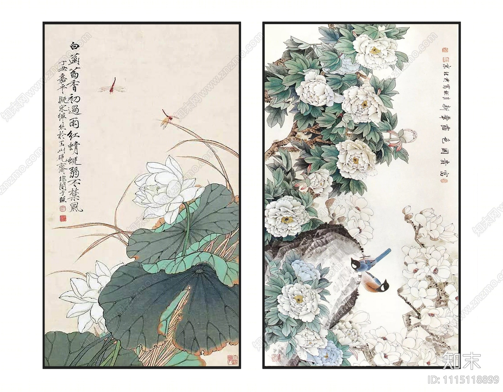 中式清新雅致荷花牡丹飞鸟挂画组合3d模型下载【id1115118899】知末3d模型网