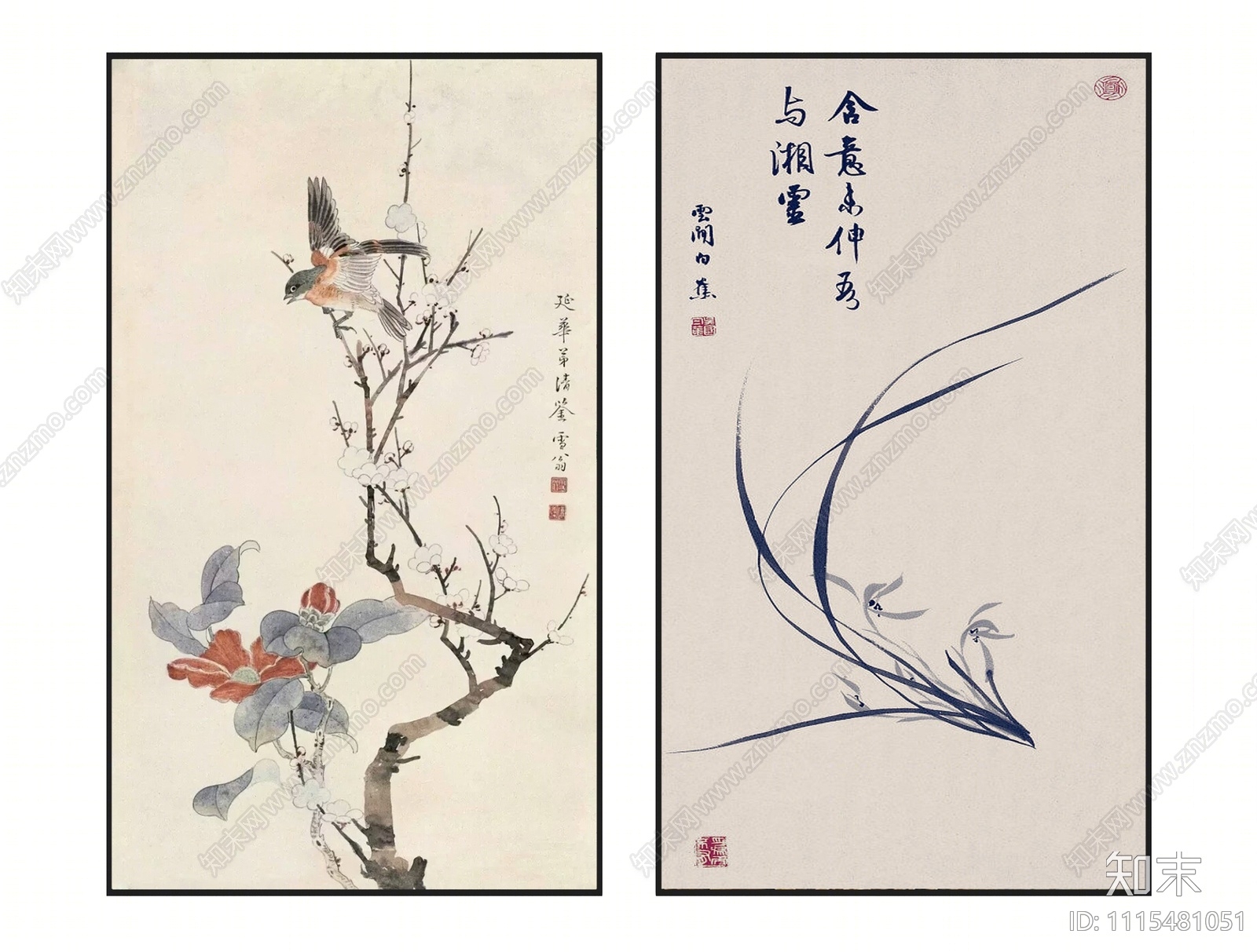 中式雅致禅意花卉飞鸟挂画组合3d模型下载【id1115481051】知末3d模型网