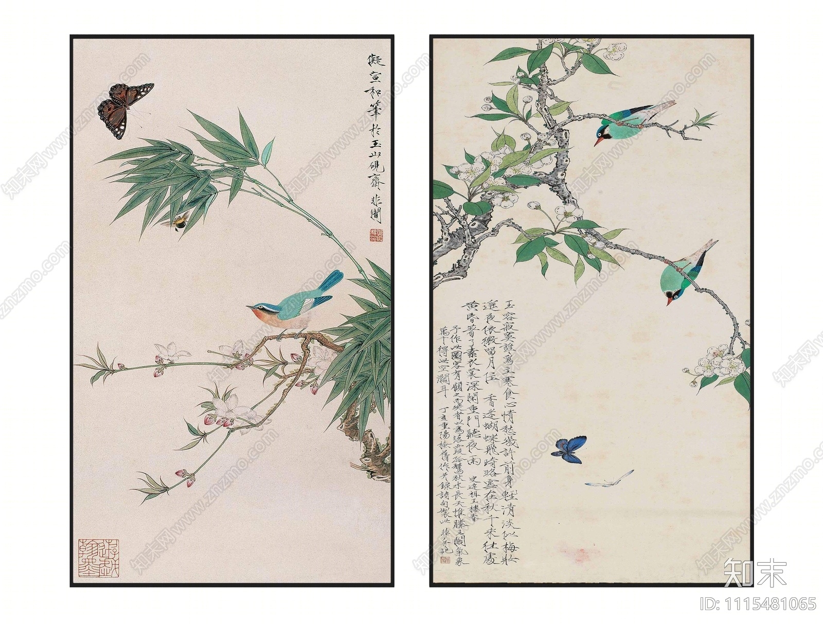 中式清新雅致花卉飞鸟挂画组合3d模型下载【id1115481065】知末3d模型网
