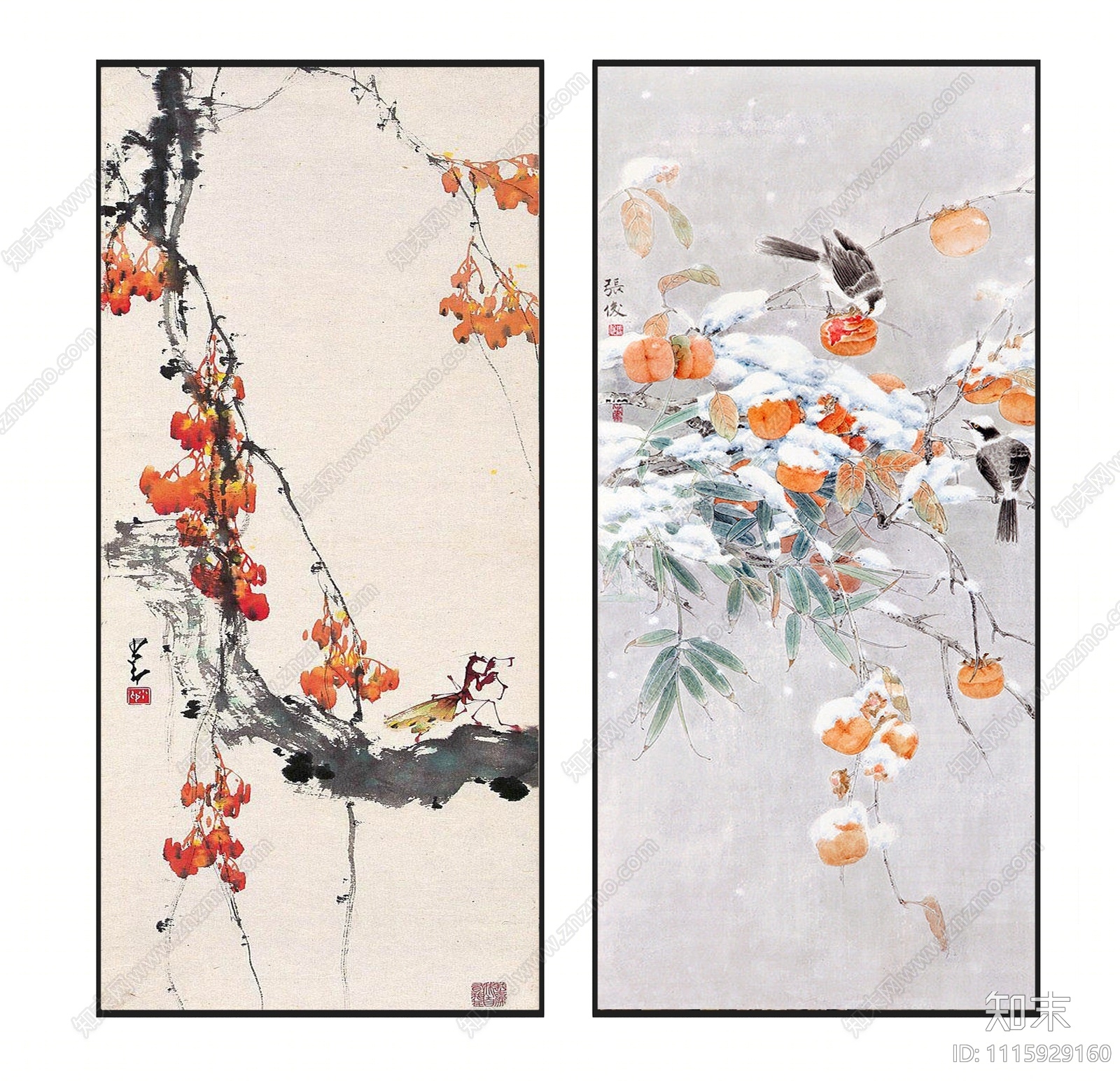 中式雅致禅意红叶柿子飞鸟图案挂画组合3d模型下载【id1115929160】知末3d模型网