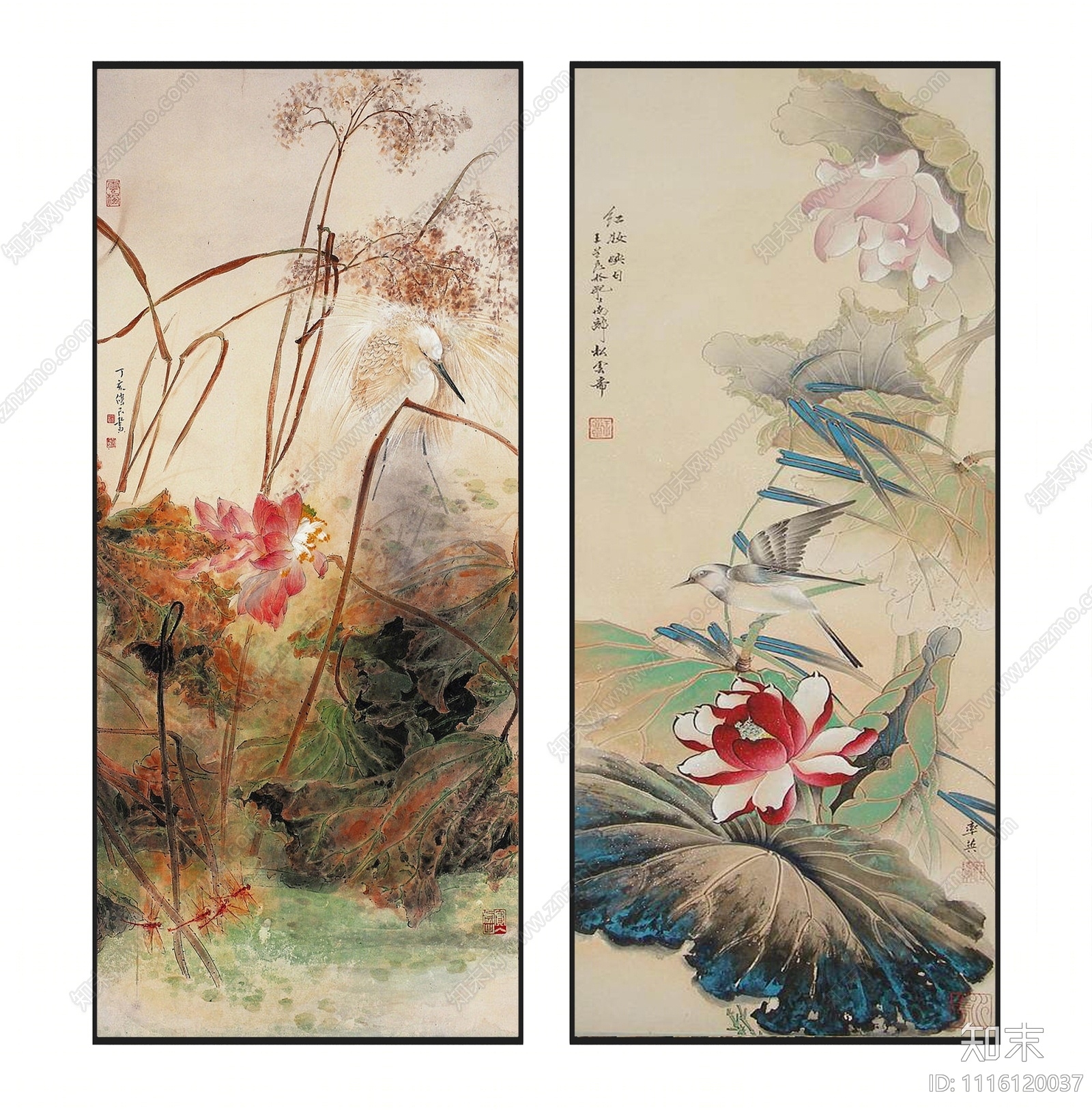 中式雅致禅意荷花飞鸟图案挂画组合3d模型下载【id1116120037】知末3d模型网