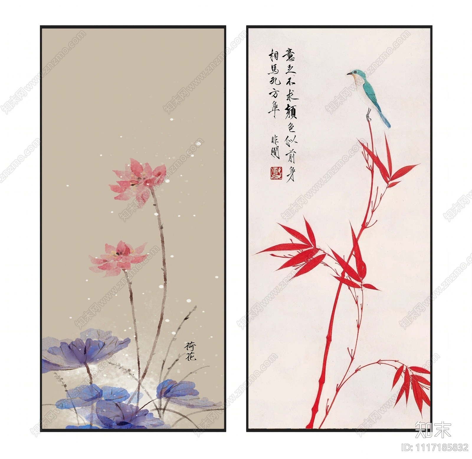 中式清新雅致红叶花鸟图案挂画组合3d模型下载【id1117185832】知末3d模型网