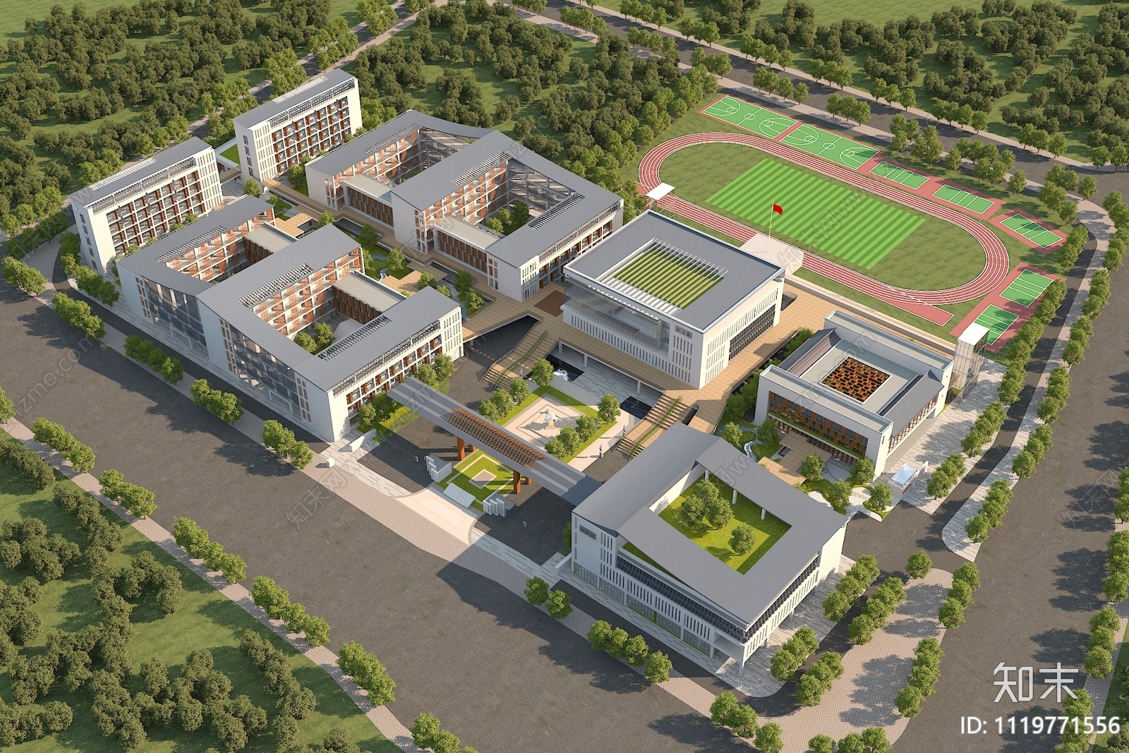 新中式学校鸟瞰3d模型下载【id1119771556】知末3d模型网