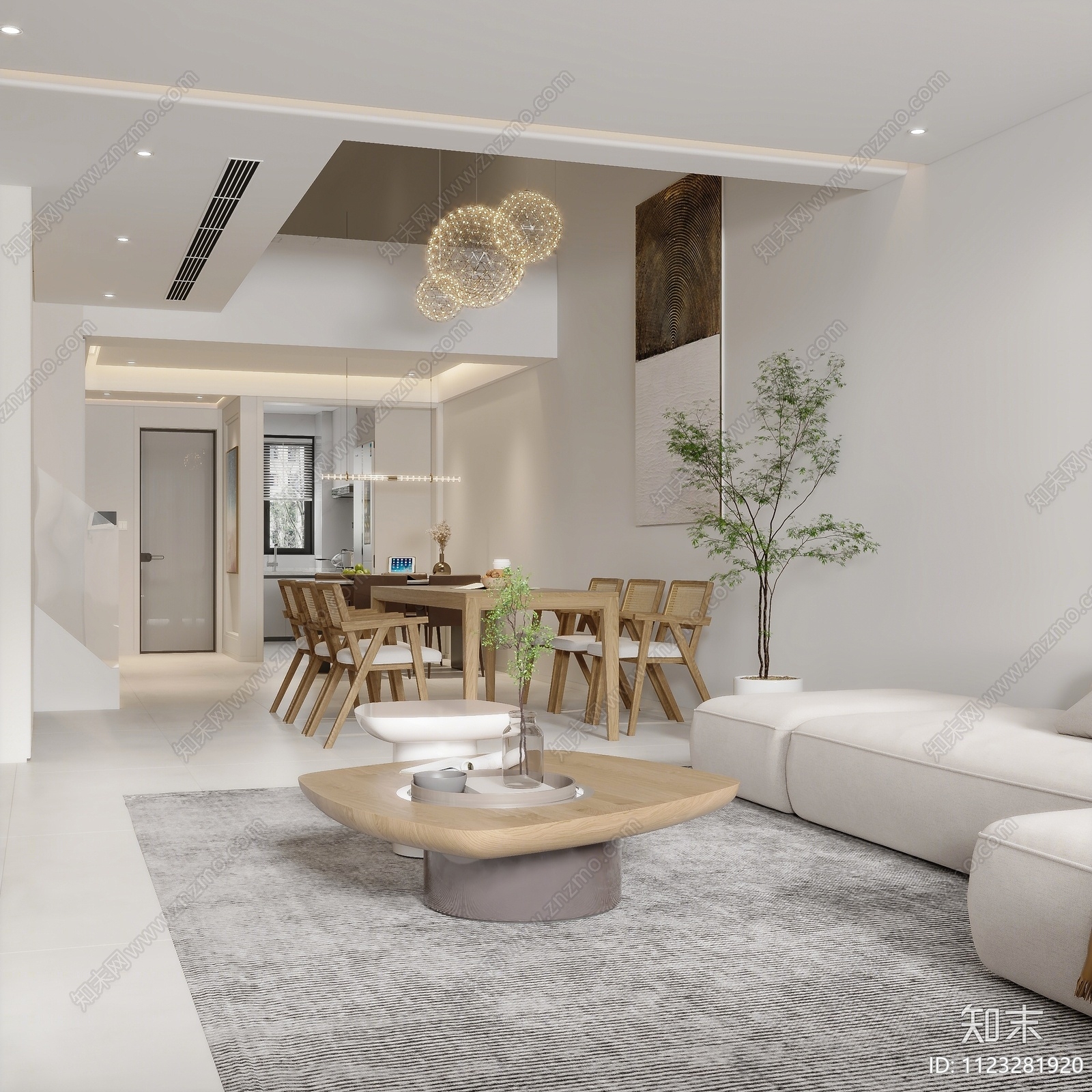 现代极简别墅客餐厅3d模型下载【id1123281920】知末3d模型网
