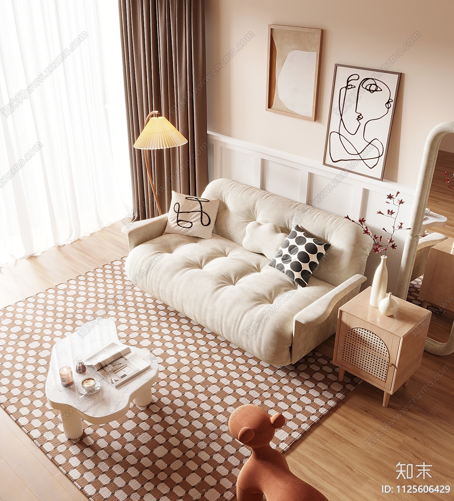 法式奶油风沙发茶几组合3d模型下载【id1125606429】知末3d模型网