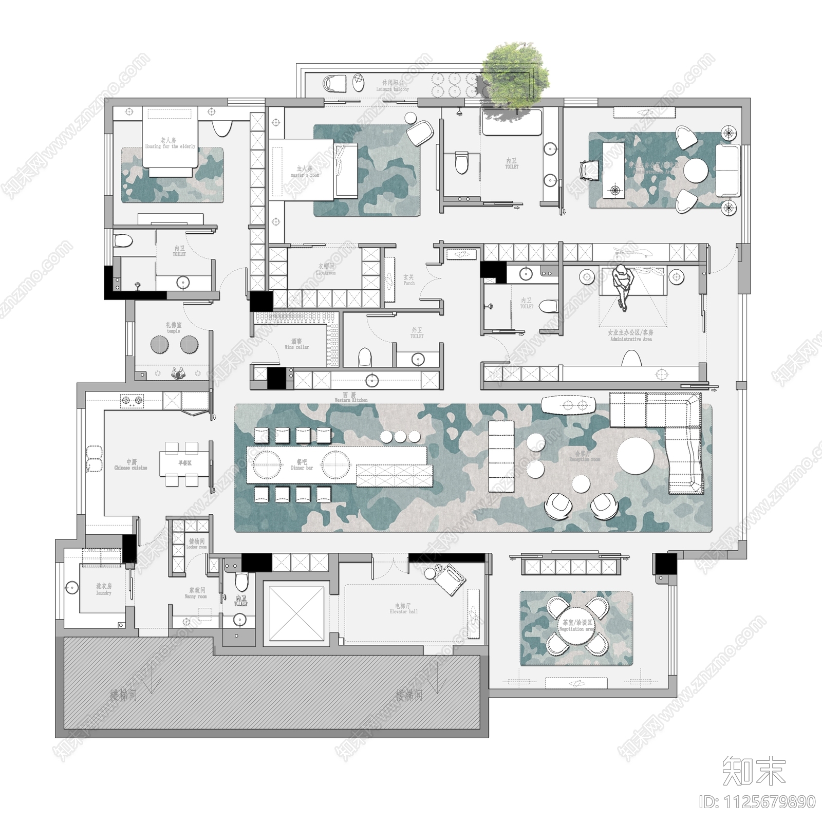 380平大平层彩平图施工图下载【ID:1125679890】_知末案例馆