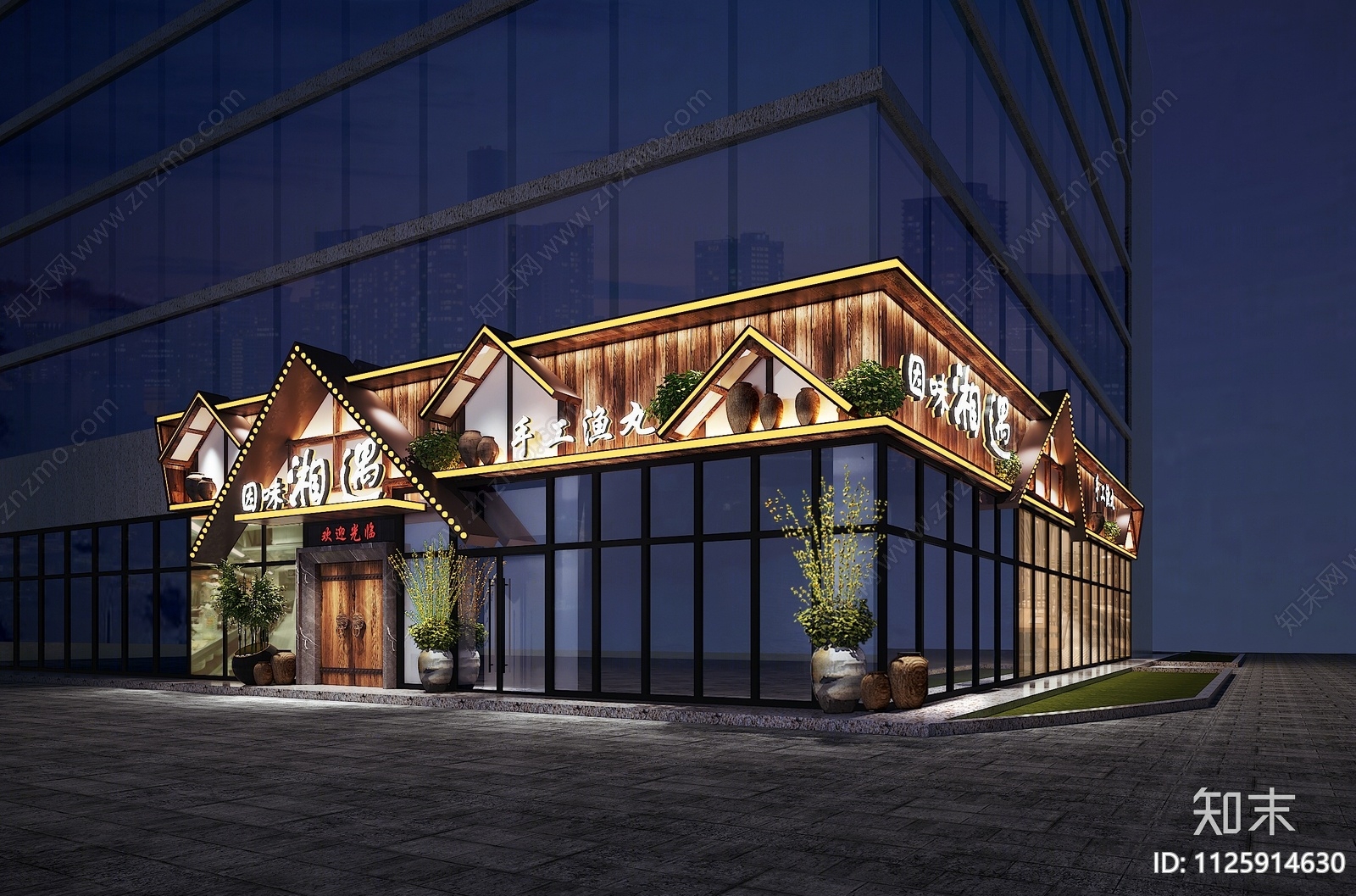 新中式中餐厅门头3d模型下载【id1125914630】知末3d模型网
