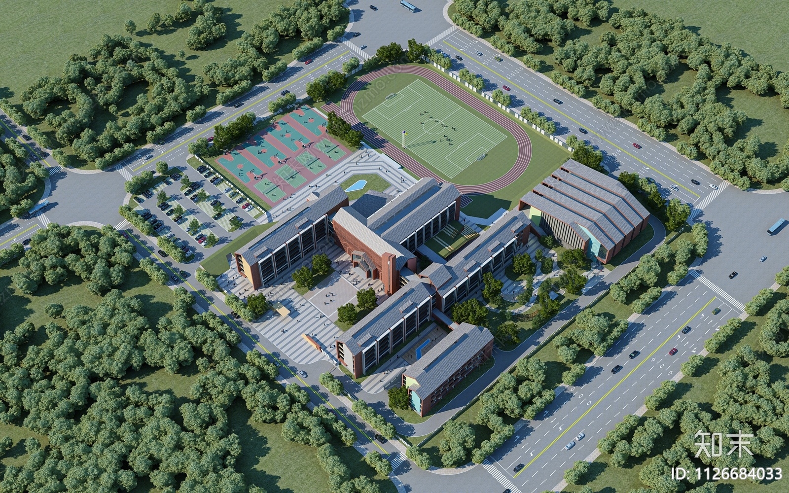 新中式学校鸟瞰3d模型下载【id1126684033】知末3d模型网