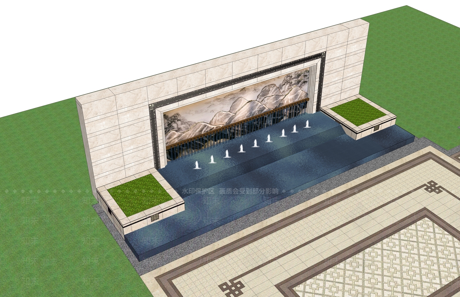 新中式水景景墙SU模型下载【ID:1126855835】_知末su模型网