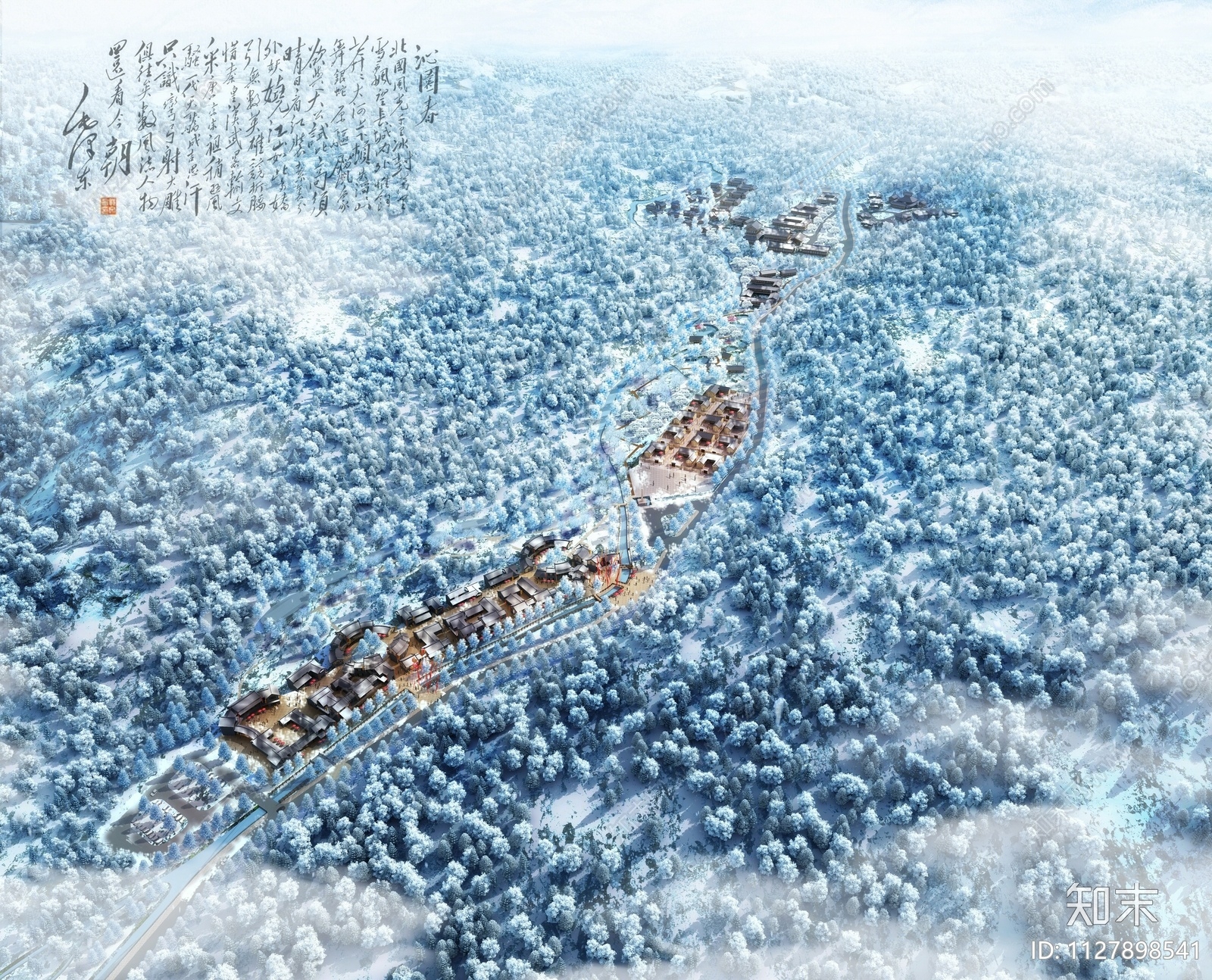 中式山间古镇雪景鸟瞰规划3d模型下载【id1127898541】知末3d模型网